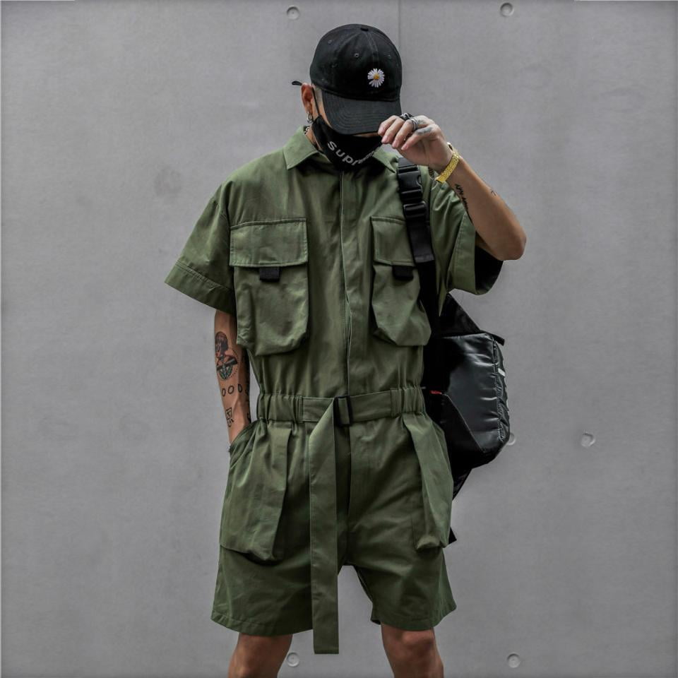 AnQingLueLv Techwear Short Jumpsuit for Men Black Bodysuits Overalls ...