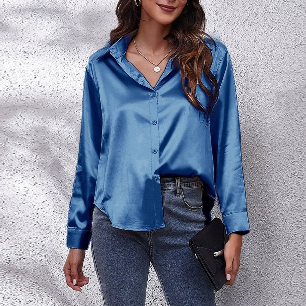Ana Ladies Satin Silky Blouse Casual OL Work Long Sleeve Buttons Tops ...