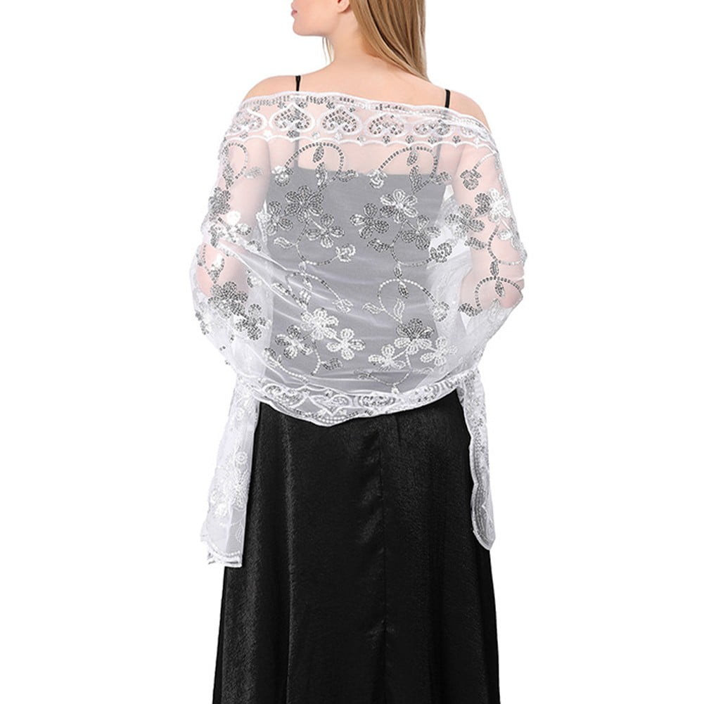 Ana Long Sparkly Sequin Sheer Tulle Lace Embroidery Shawl Wrap Scarf ...