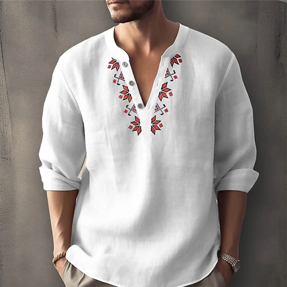 Ana Men Long Sleeve Button-Down Shirt Blouse Loose Henley V-Neck Beach ...