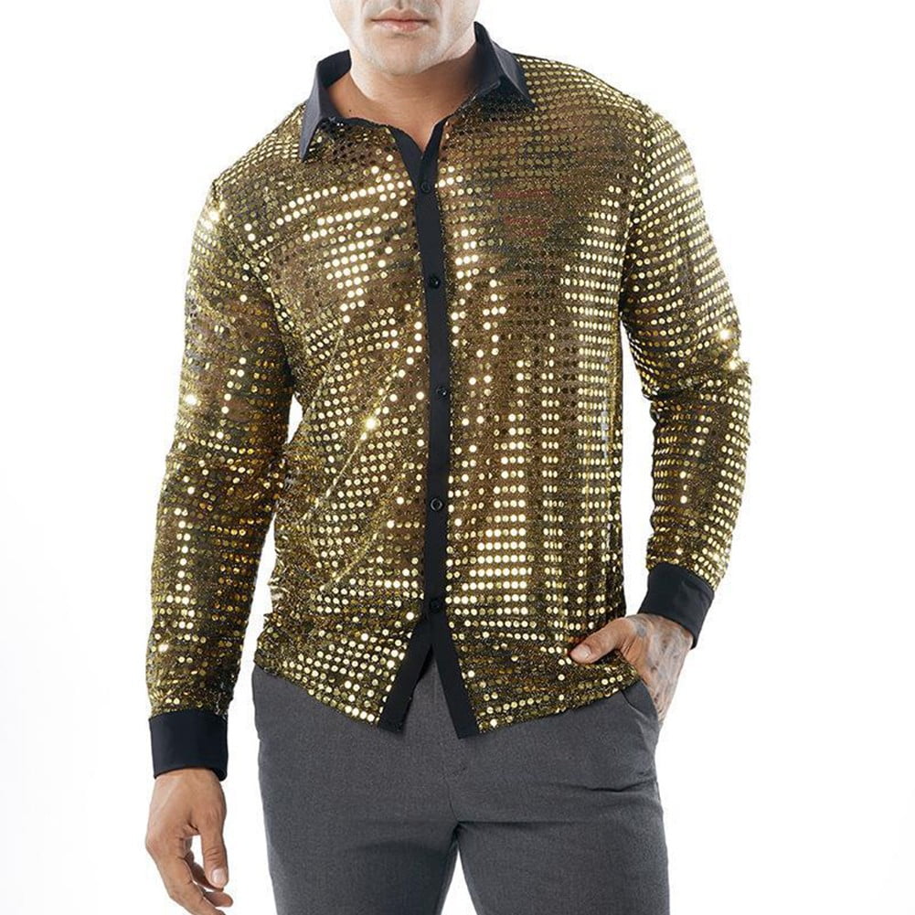Ana Mens Sparkly Sequins Party Dance Shirts Retro 70s Disco Nightclub ...
