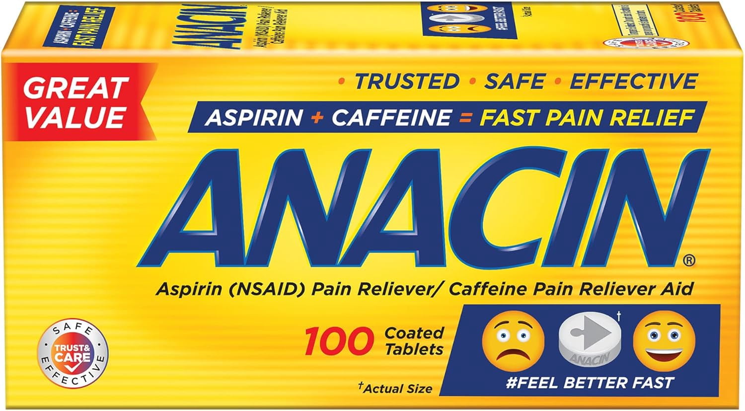 Anacin Fast Pain Relief, Aspirin + Caffeine Pain Reliever, 100 Coated ...