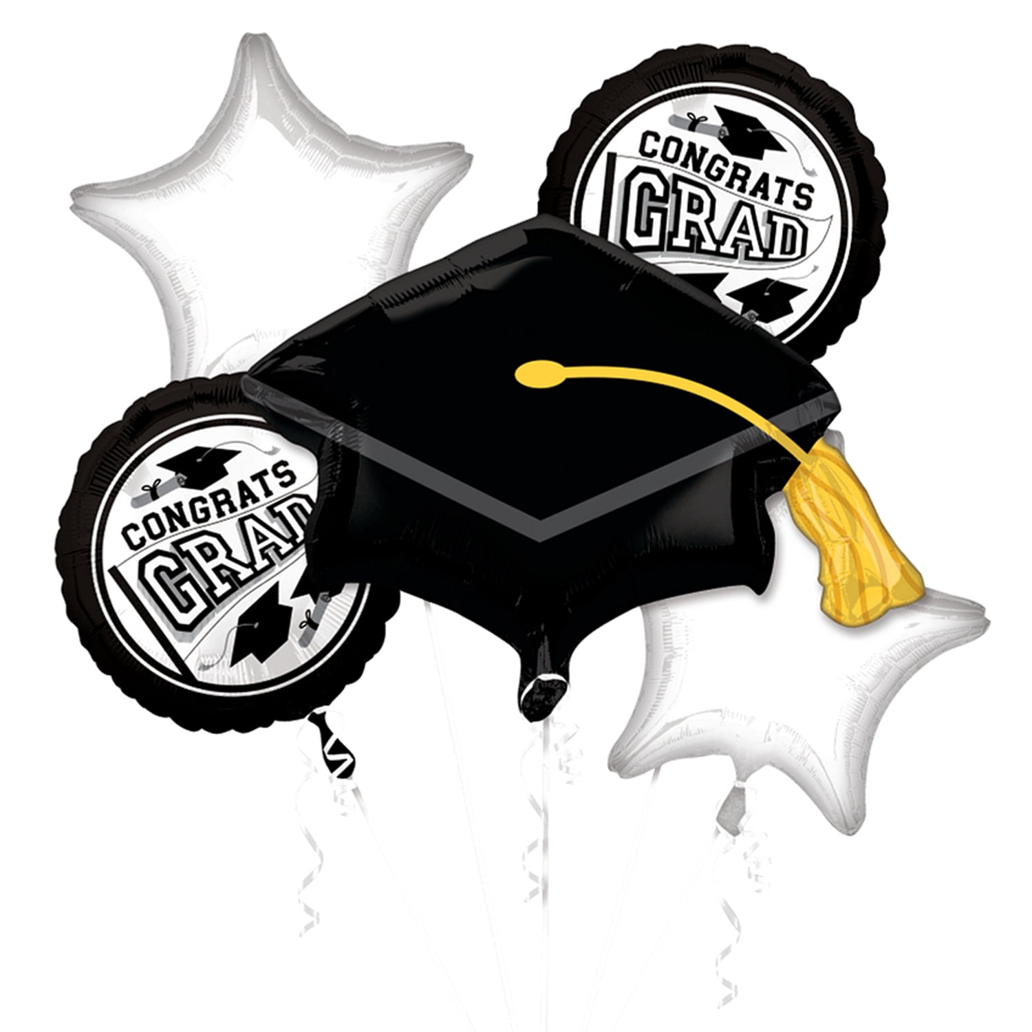Anagram 5pc Graduation Foil Balloons, School Colors White Black, Mylar ...