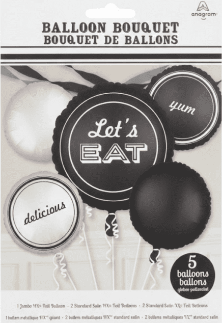 Anagram “Let’s Eat” Balloon Bouquet – 5 Pc Black & White Foil Balloons ...