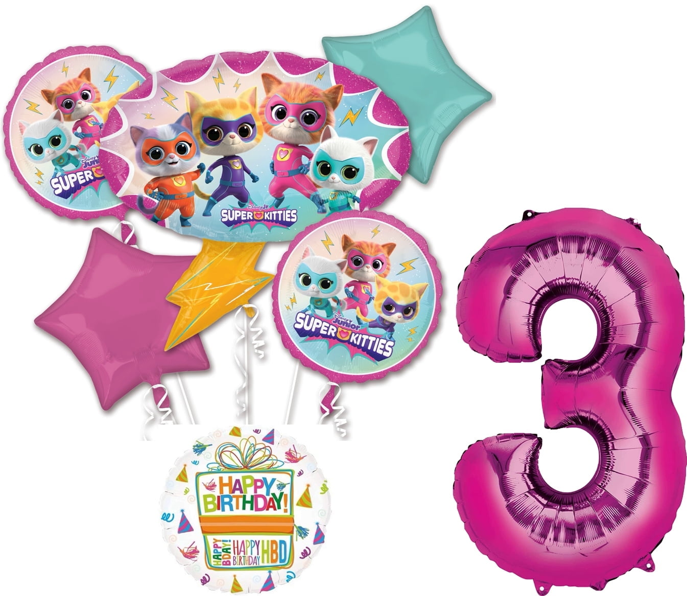 Anagram 7pc Balloon Bouquet, 34" Pink Number 3 Foil Balloon Birthday ...