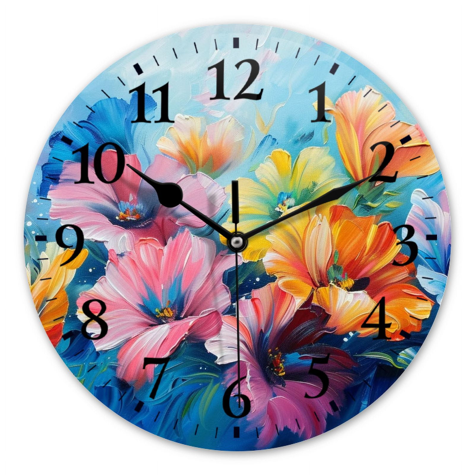Round Wall Clock,Colorful Flower Paintings On Blue Background With ...