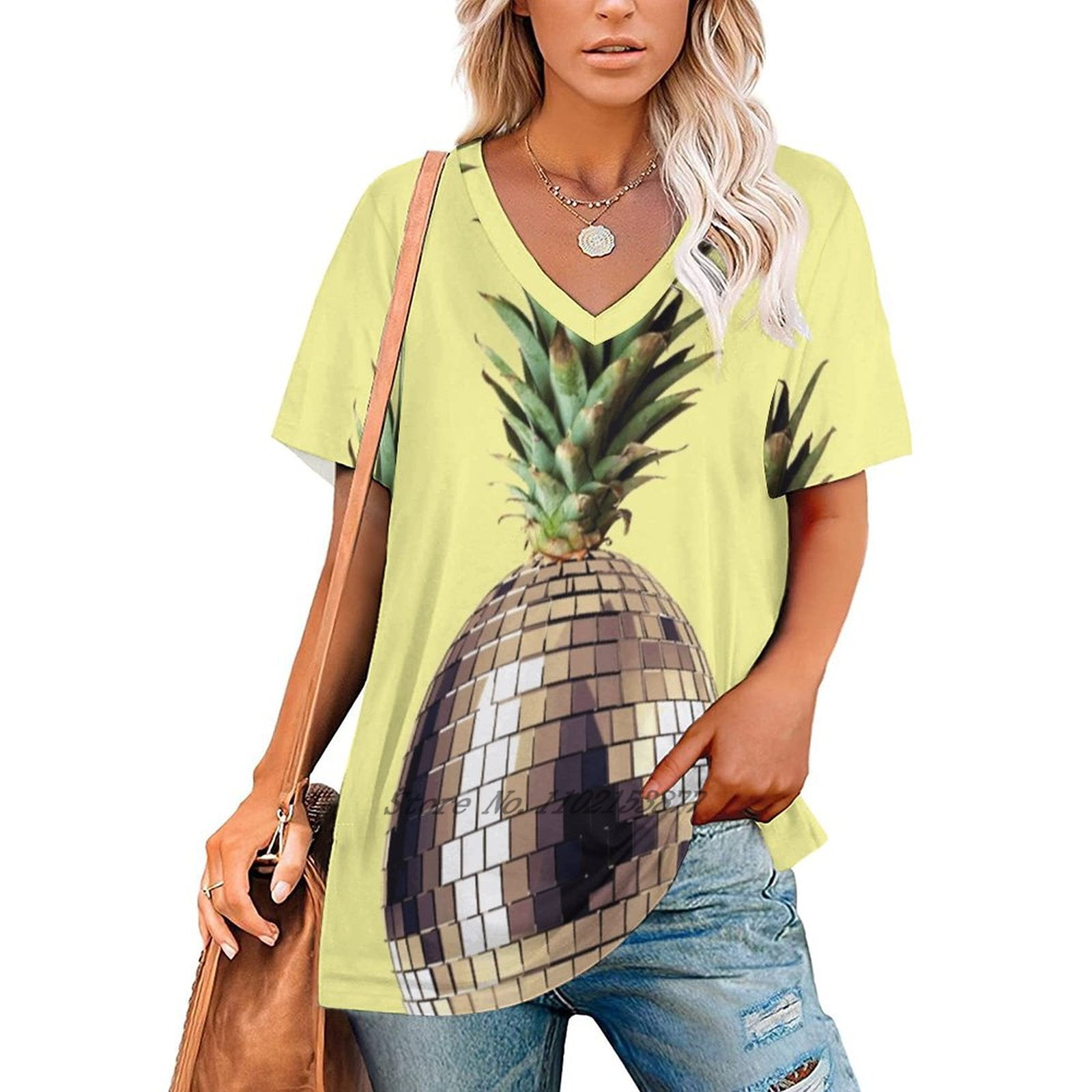 Ananas Party ( ) Women'S T-Shirt Casual Short Sleeved Tops V-Neck ...