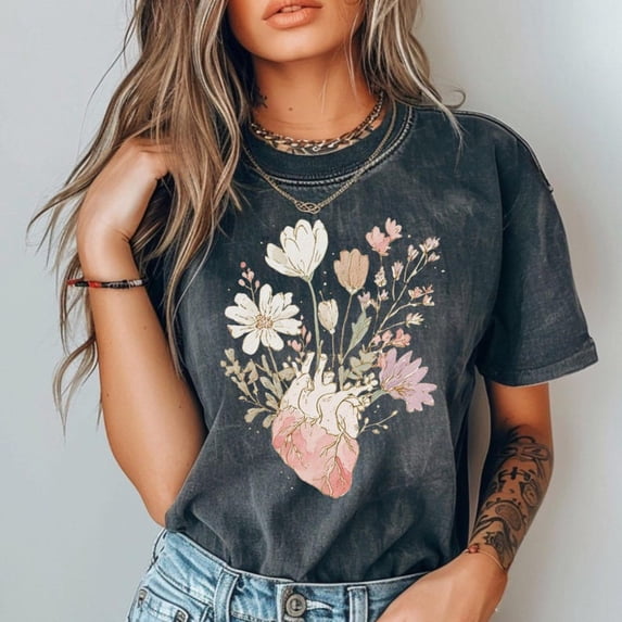 Anatomical Heart Nature Inspired Floral Design Graphic Shirt Comfort ...
