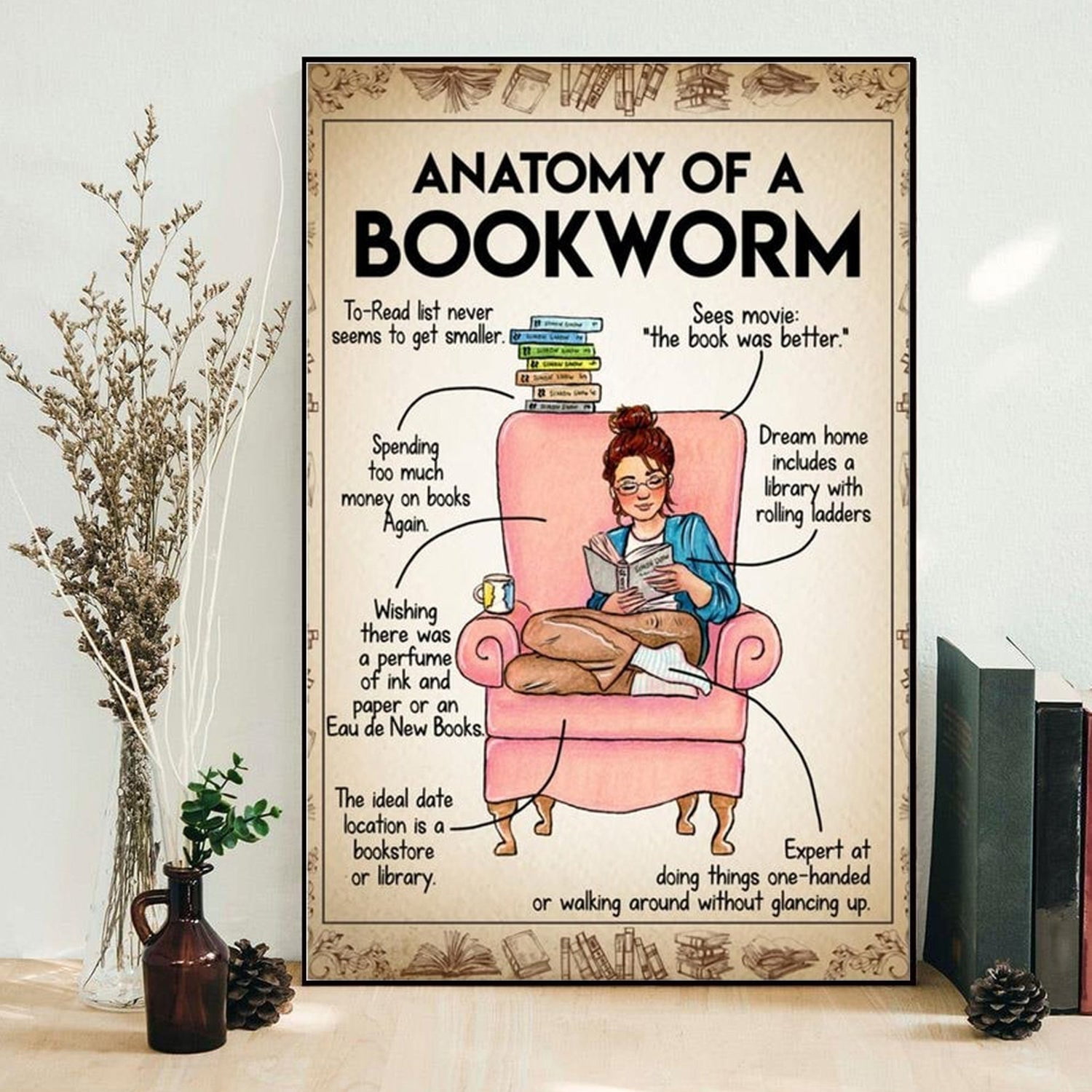 Anatomy Of A Bookworm Poster Reading Books Poster Bookworm Gift Love ...