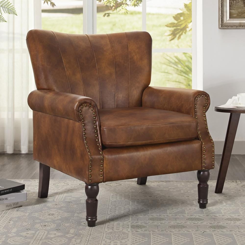 Anaya Mid Century Brown Faux Leather Upholstered Wingback Accent Chair Nailhead Living Room ...