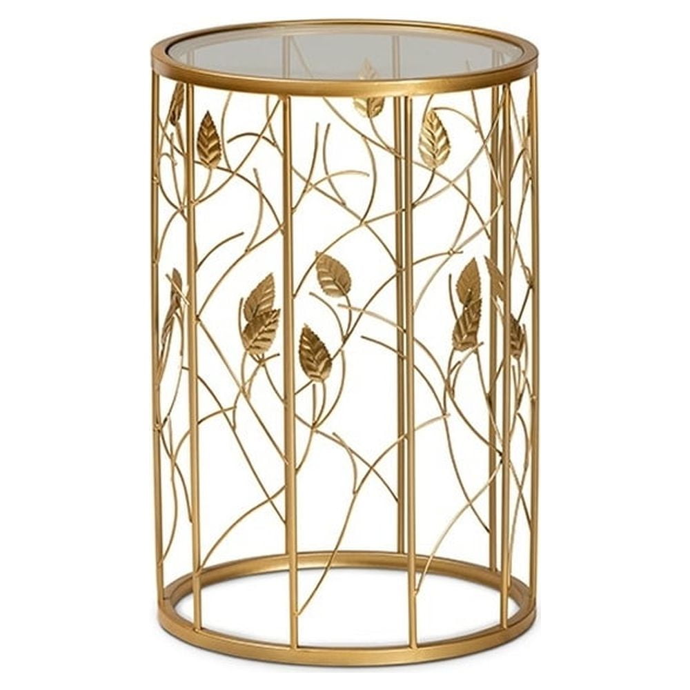 Anaya Glam Brushed Gold Finished Metal and Glass Round Side Table with ...