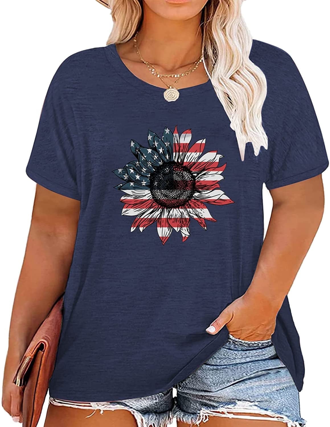 XCHQRTI 4th of July Sunflower Shirt American USA Flag T shirt Plus Size ...