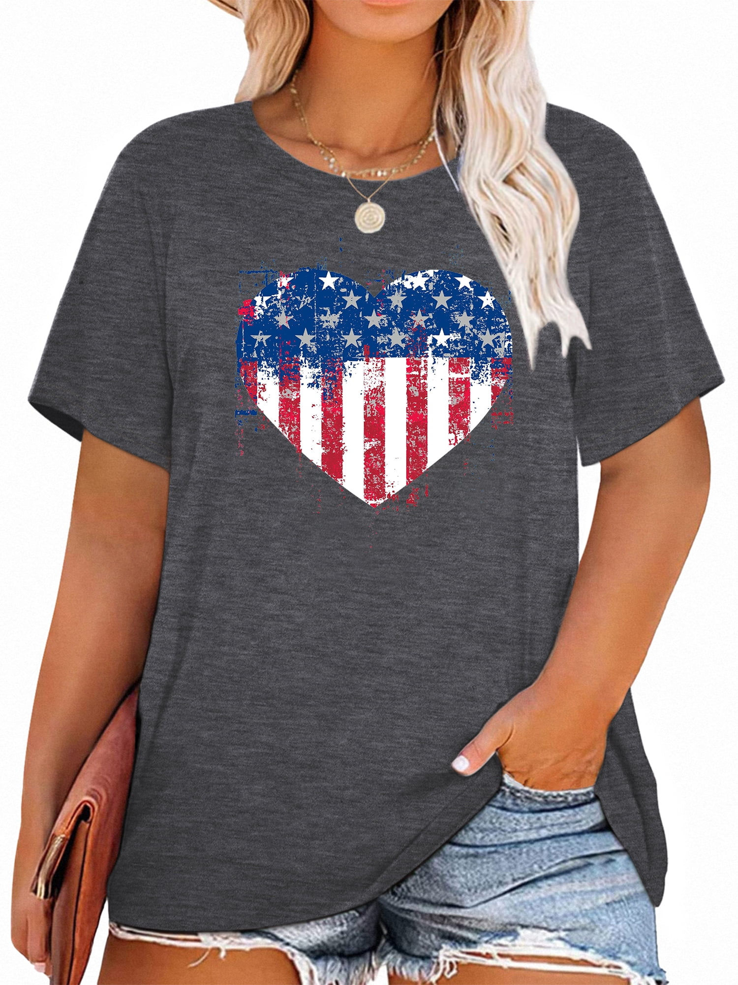 Anbech 4th of july Plus Size T-Shirts for Women Graphic Heart Print ...