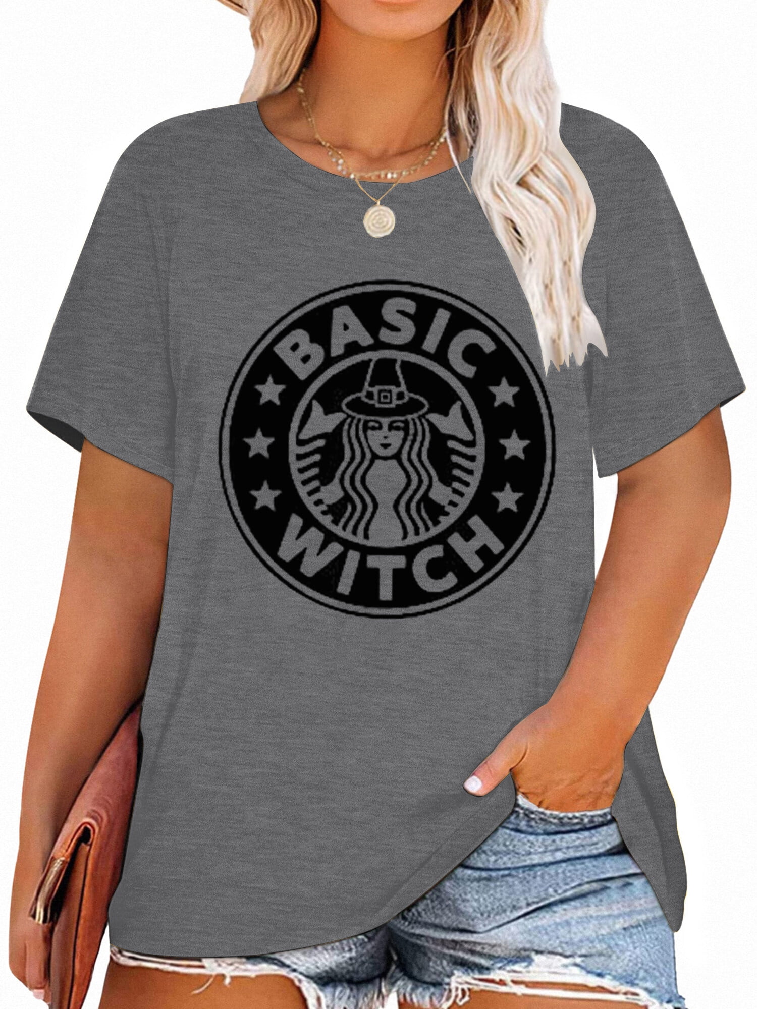 Anbech Basic Witch Plus Shirt for Women Graphic Halloween Themed Print ...