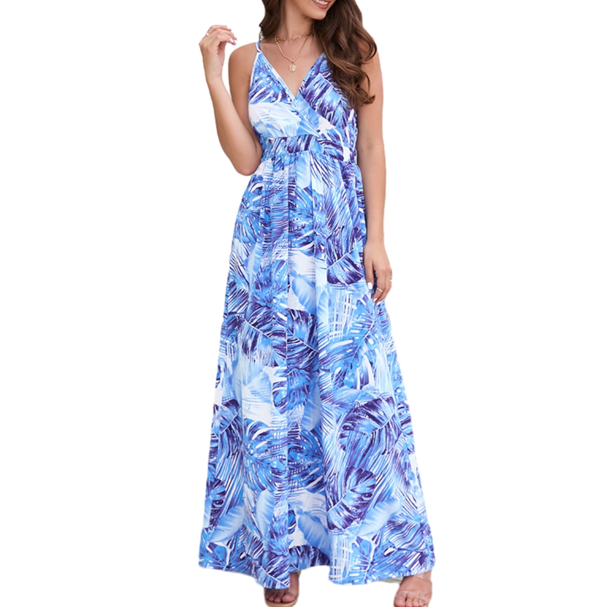 Anbech Boho Deep V-Neck Women Sling Dress Floral Printed High Waiste ...