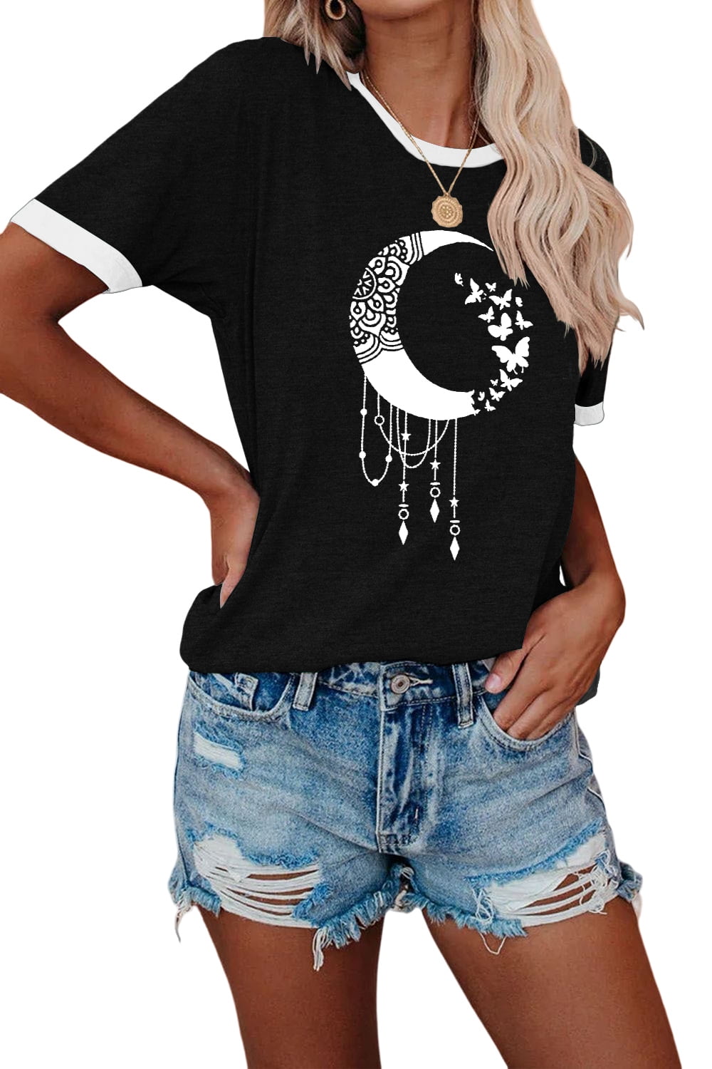 Anbech Butterfly Printed T-Shirt for Women Cute Moon Graphic Junior ...