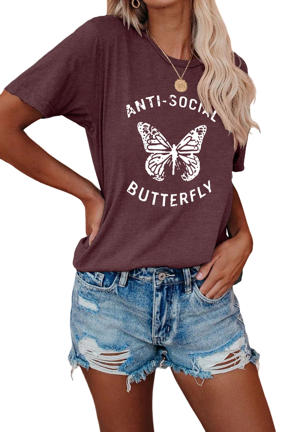 Anbech Butterfly Shirts for Women Moon Print Graphic Short Sleeve Tees ...