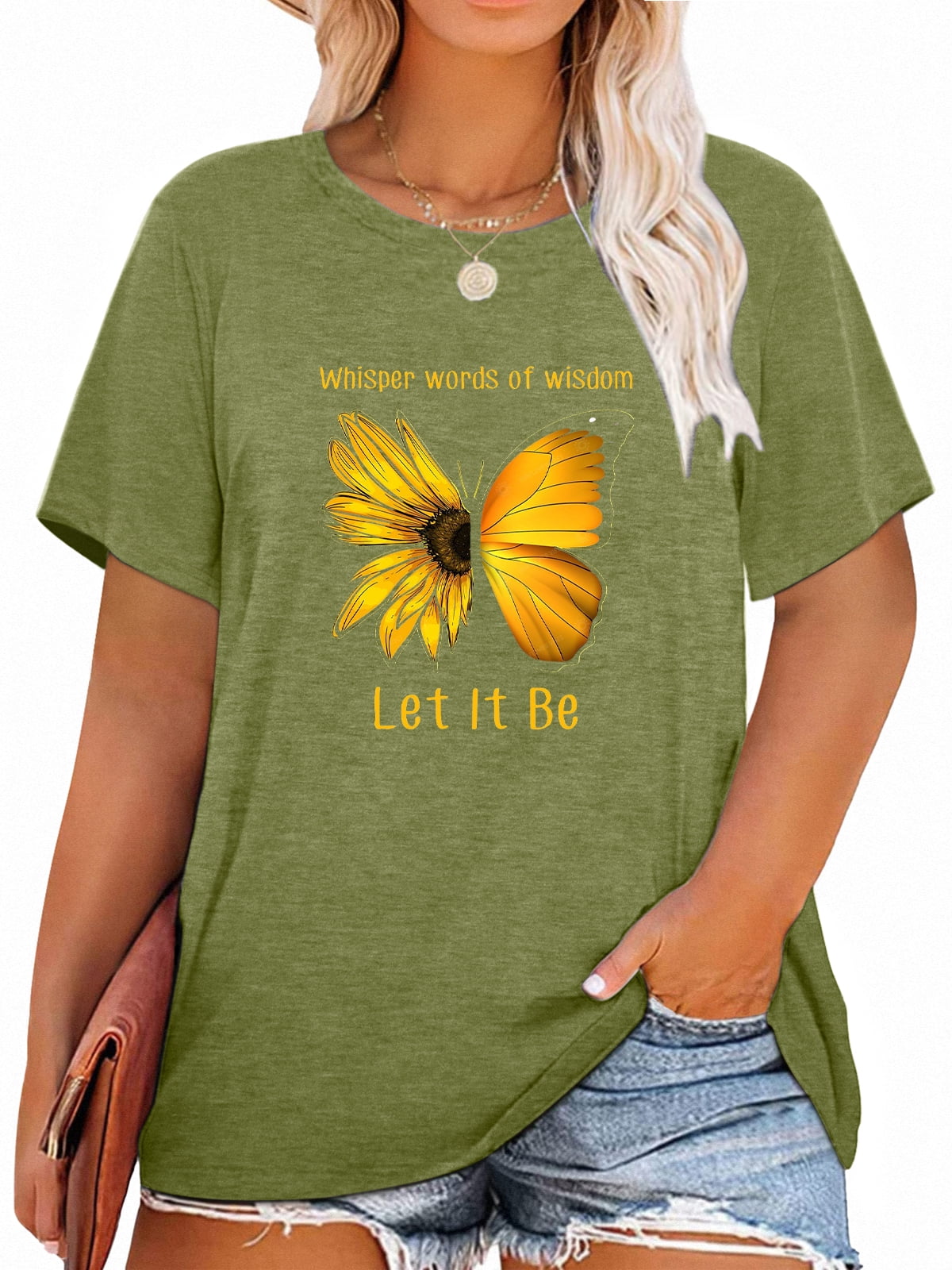 Anbech Butterfly Sunflower Plus Size T-Shirts for Women Graphic Let It ...