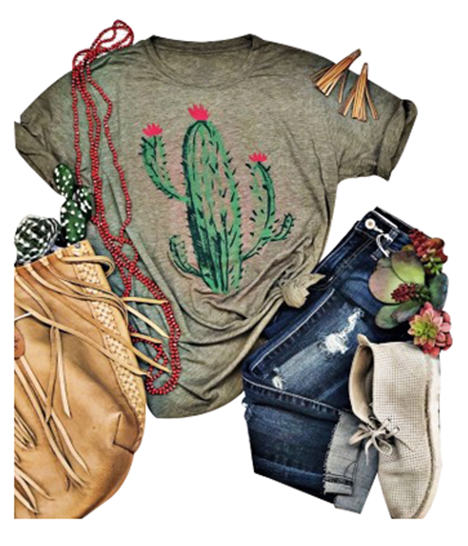 Anbech Cactus Womens Graphic Shirt Vintage Short Sleeve Casual Print ...