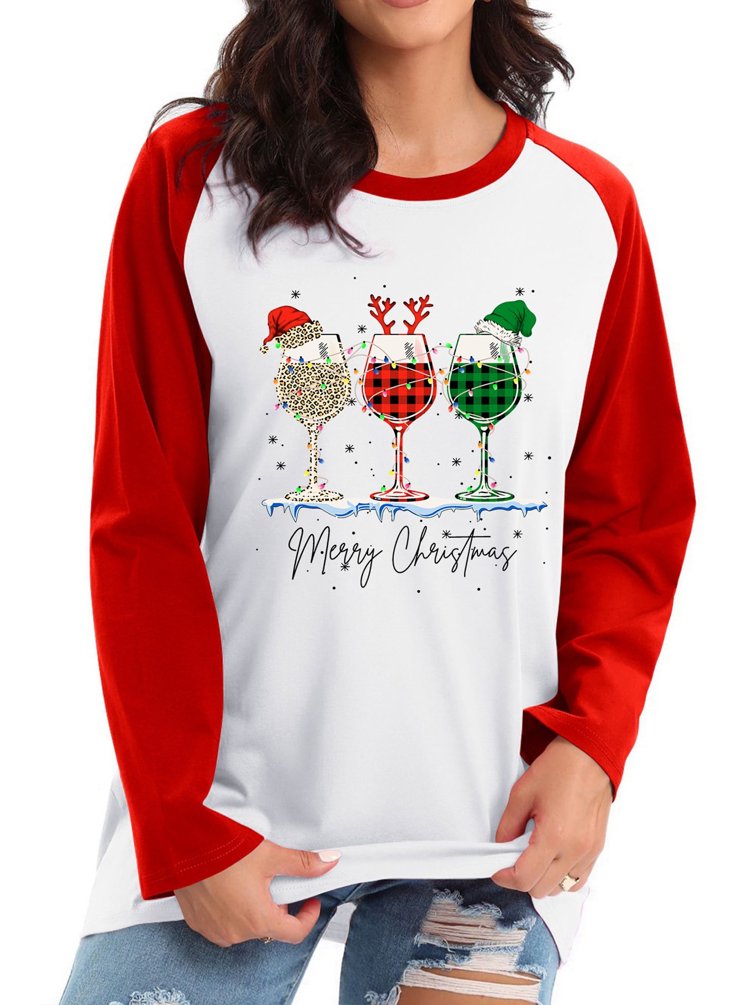Anbech Cute Christmas Sweatshirt Women's Long Sleeve Raglan Pullover ...