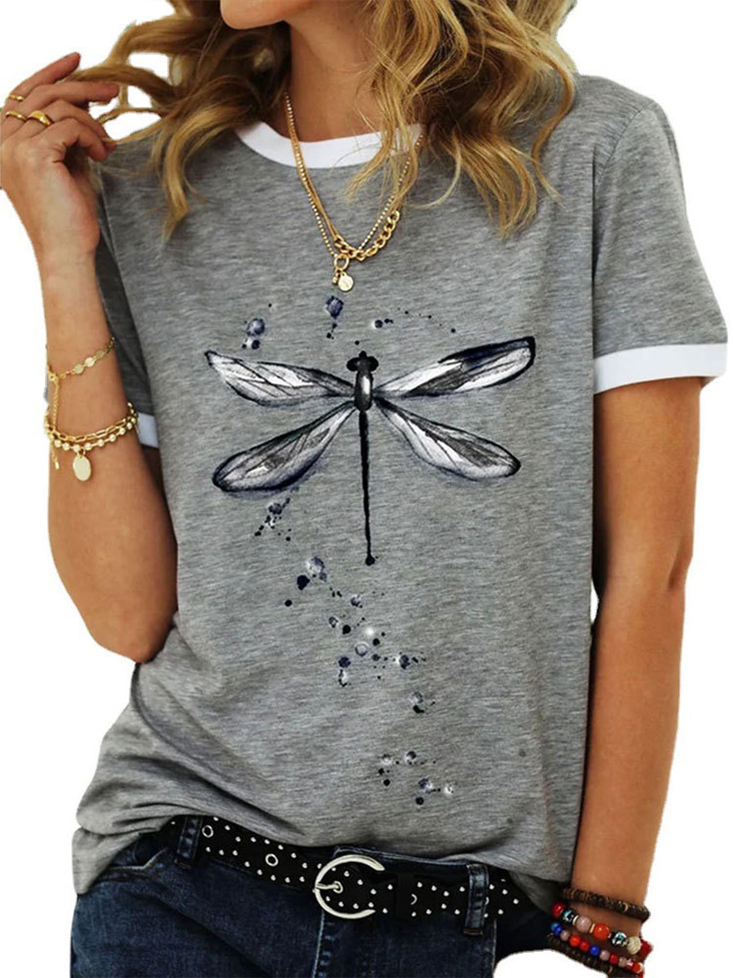 Anbech Dragonfly Shirts Women Graphic Tees V Neck Ladies Hiking Top ...