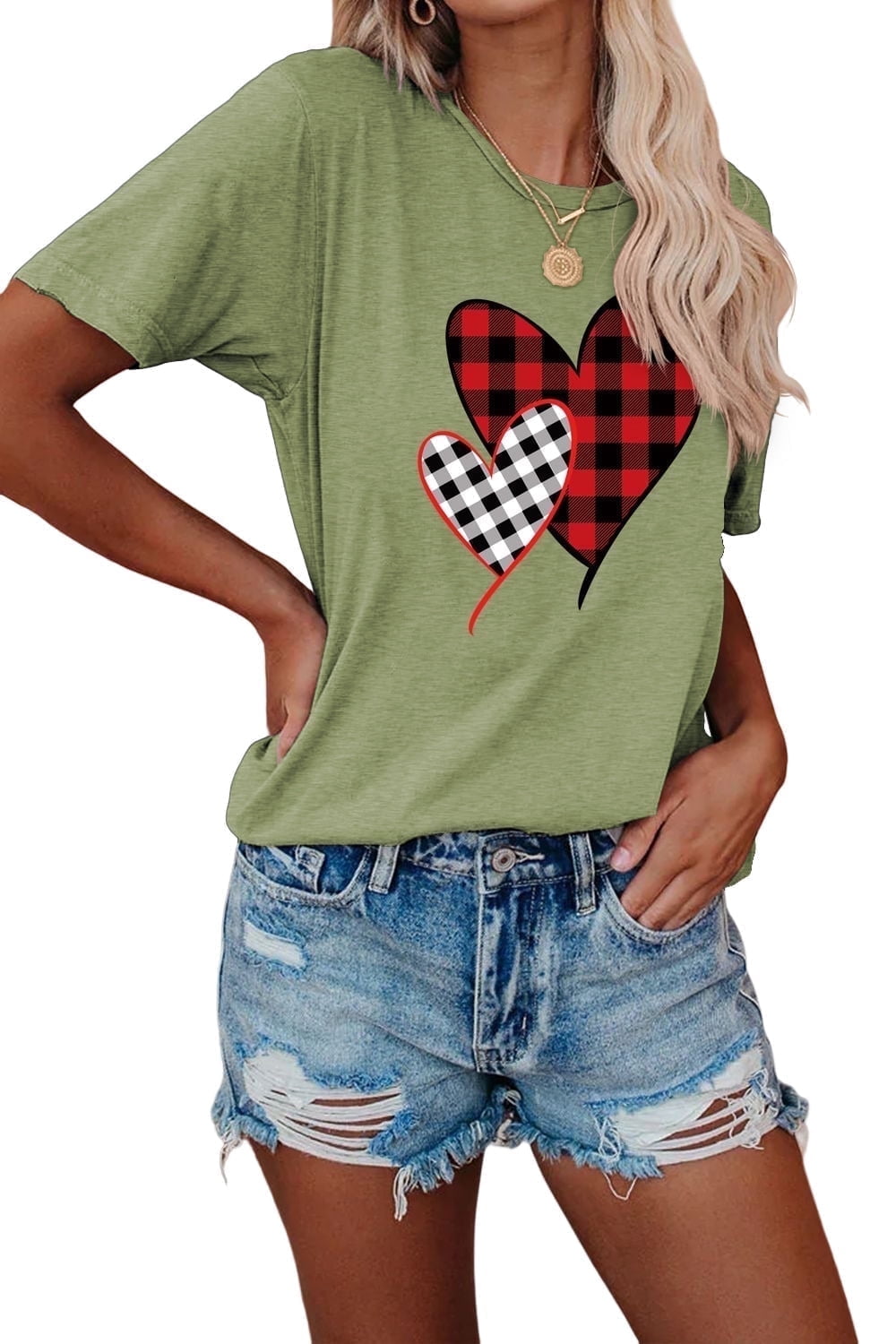 Anbech Heart Printed T-Shirt for Women Casual Graphic Junior Girls ...