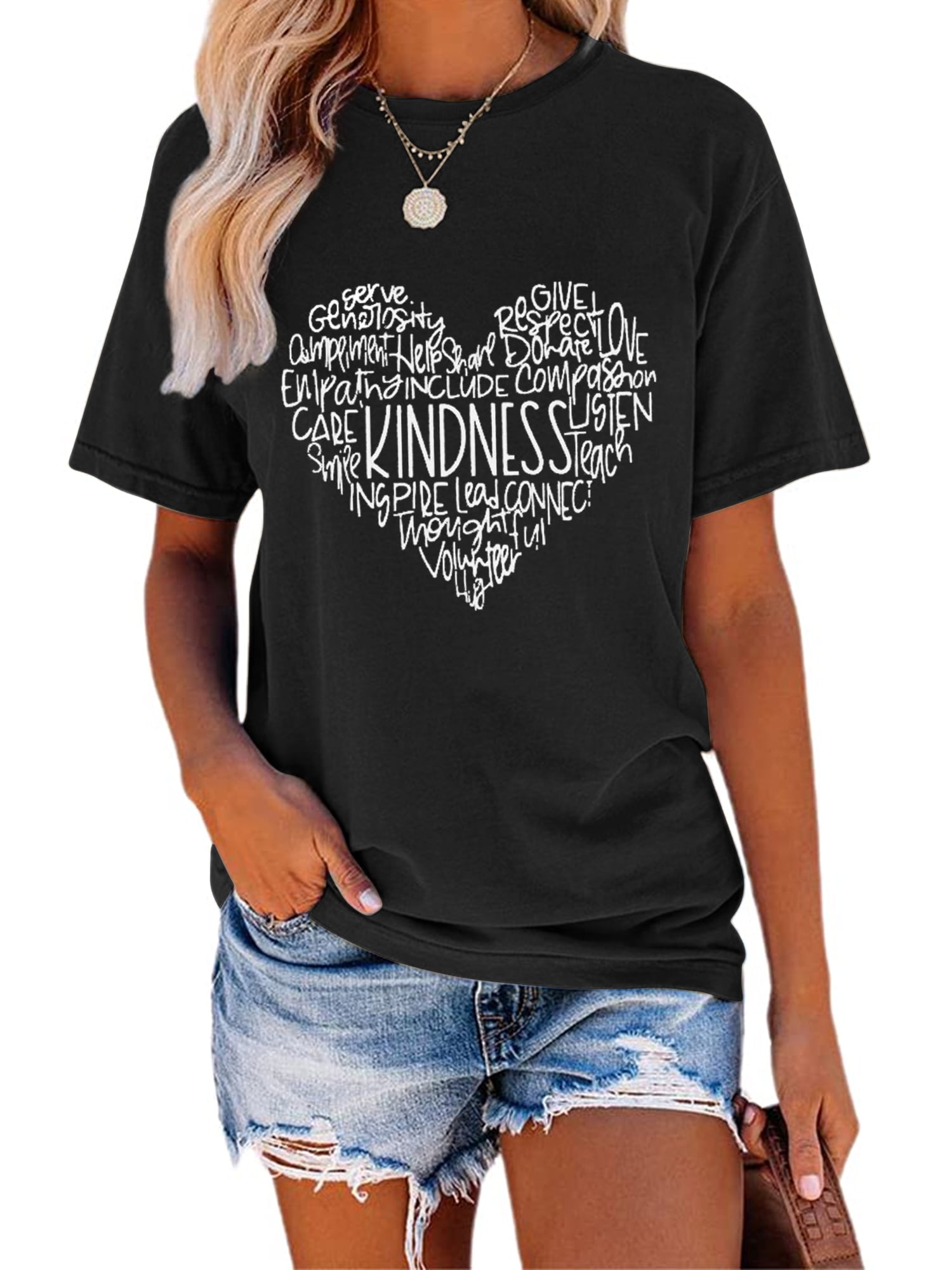 Anbech Heart Printed T-Shirt for Women Casual Graphic Junior Girls Short Sleeve Tee Tops with ...