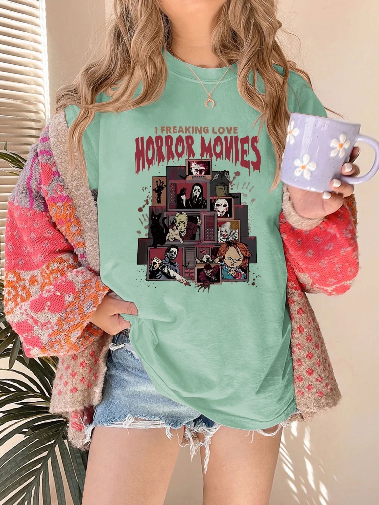 Anbech Horror Movies Shirt for Women Vintage Halloween Tshirt Graphic ...