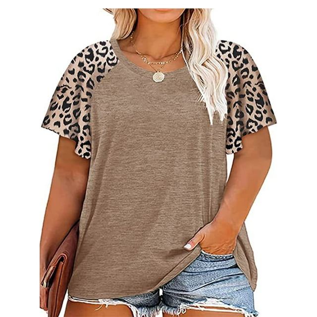 Anbech Leopard Shirt Women Plus Sizes Short Sleeve Leopard Print Tops ...