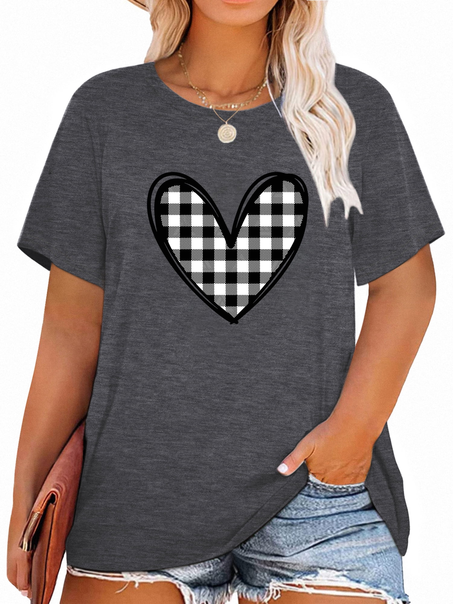 Anbech Love Heart Plus Size T-Shirts for Women Graphic Valentine's Day ...