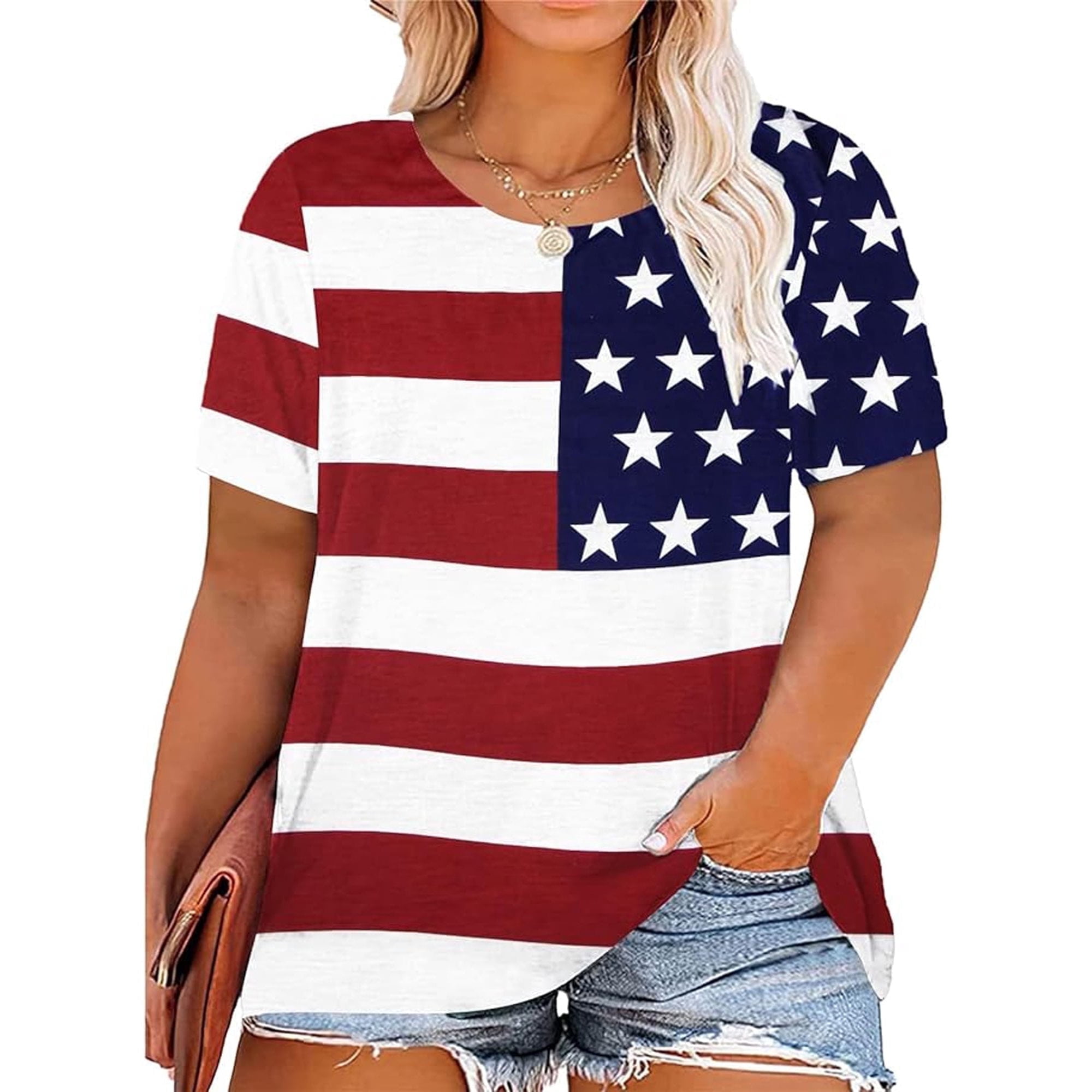 Anbech Patriotic USA Flag Women Plus Shirts Graphic 4th of July Tee ...