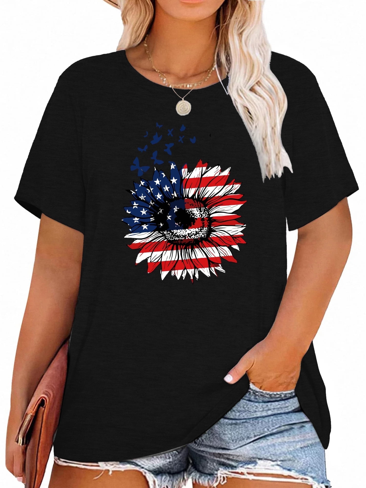 Anbech Patriotic USA Flag Women Plus Shirts Graphic 4th of July Tee ...