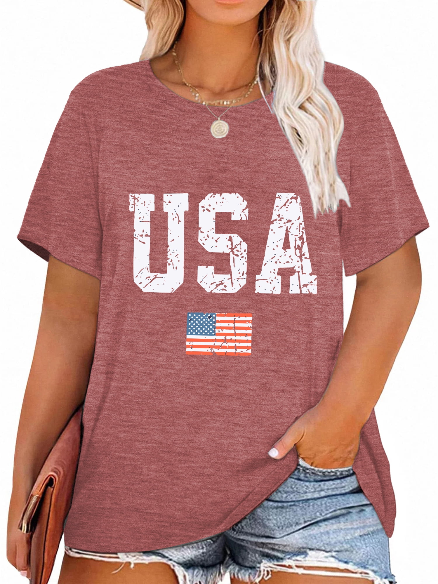 Anbech Patriotic USA Flag Women Plus Shirts Graphic 4th of July Tee ...