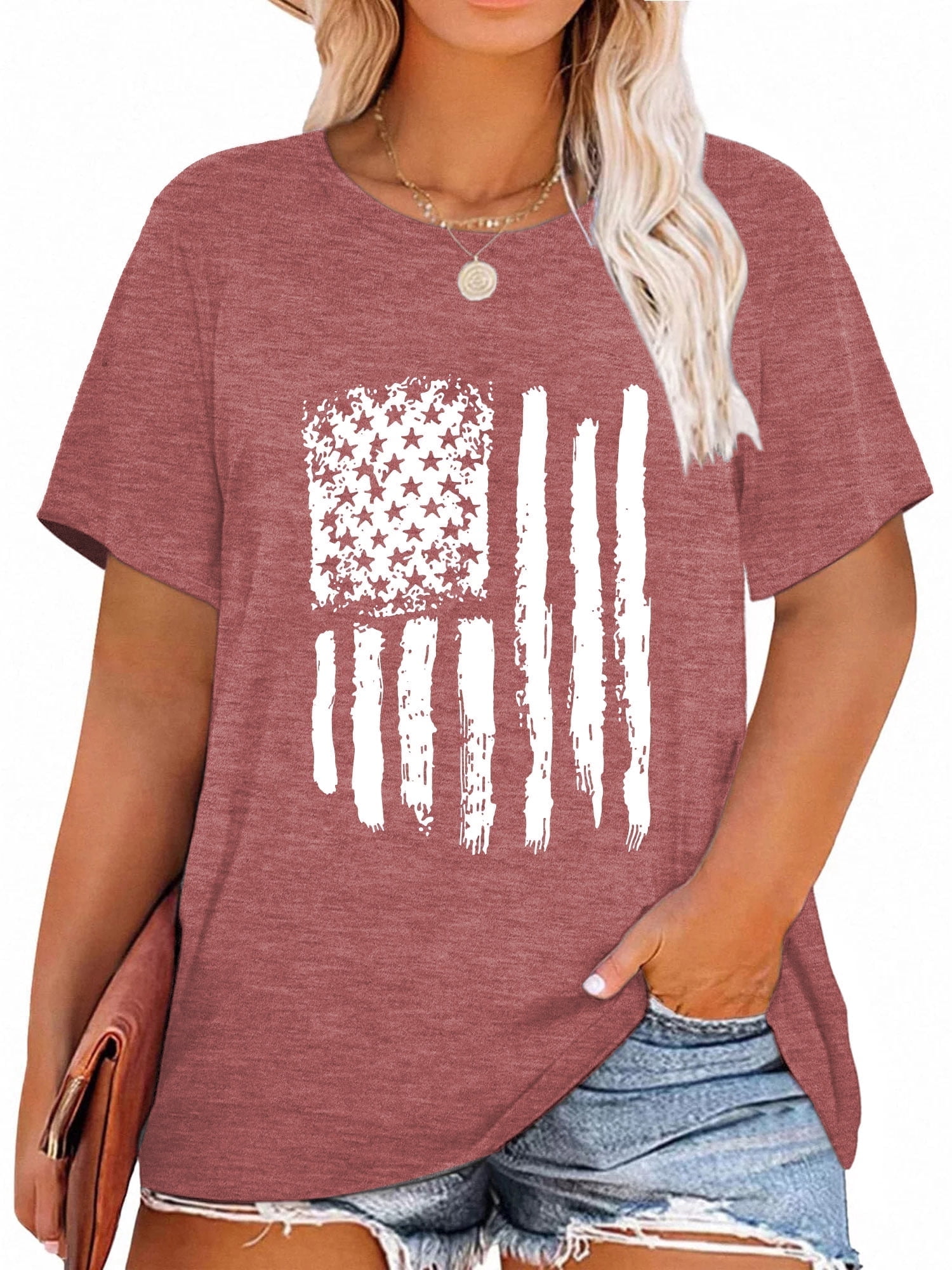 Anbech Patriotic USA Flag Women Plus Shirts Graphic 4th of July Tee ...