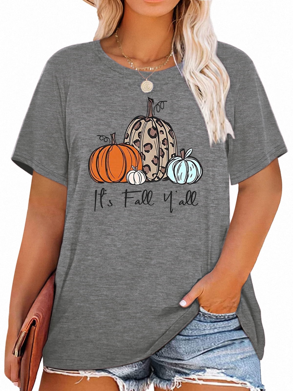 Anbech Plus Size Pumpkin Shirt Christmas Tshirt for Women Its Fall Yall ...