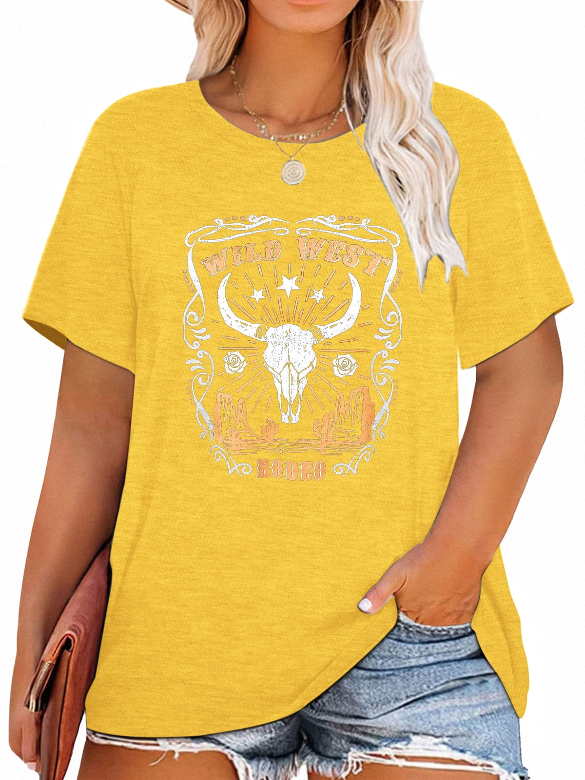 Anbech RODEO Cowboy Plus Size T-Shirts for Women Graphic Wild West ...