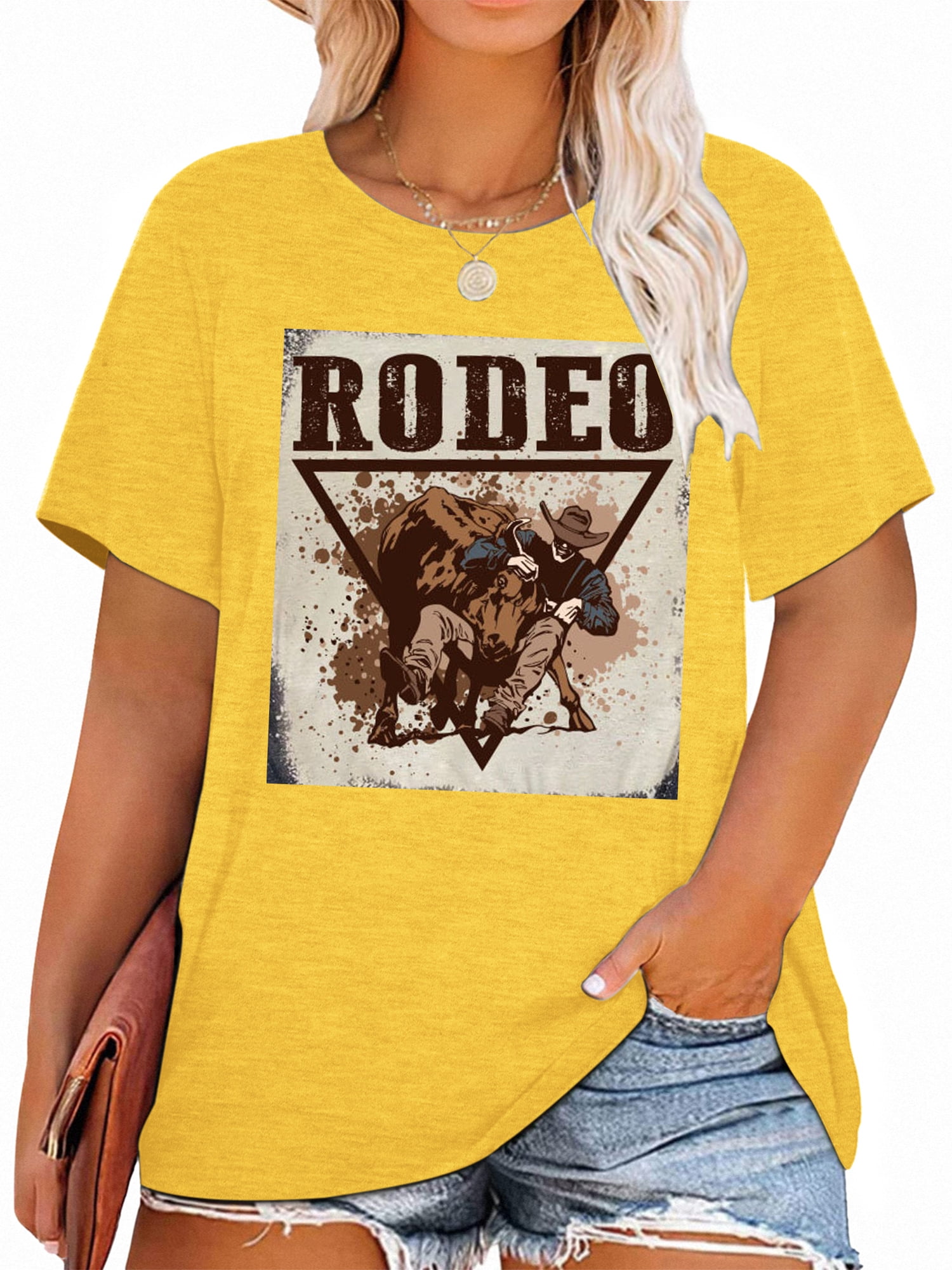 Anbech RODEO Plus Size T-Shirts for Women Graphic Cowboy Print Vintage ...