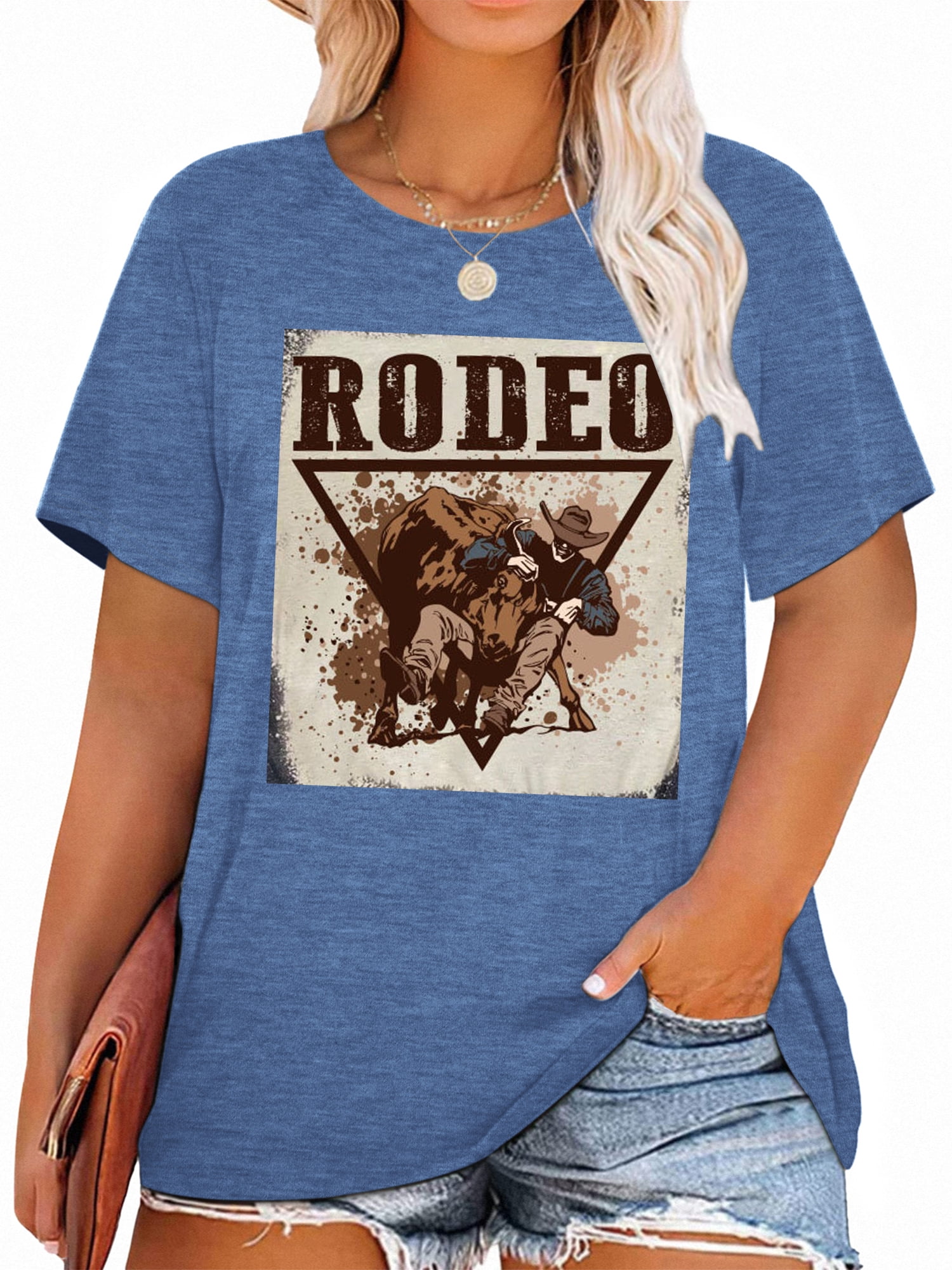 Anbech RODEO Plus Size T-Shirts for Women Graphic Cowboy Print Vintage ...