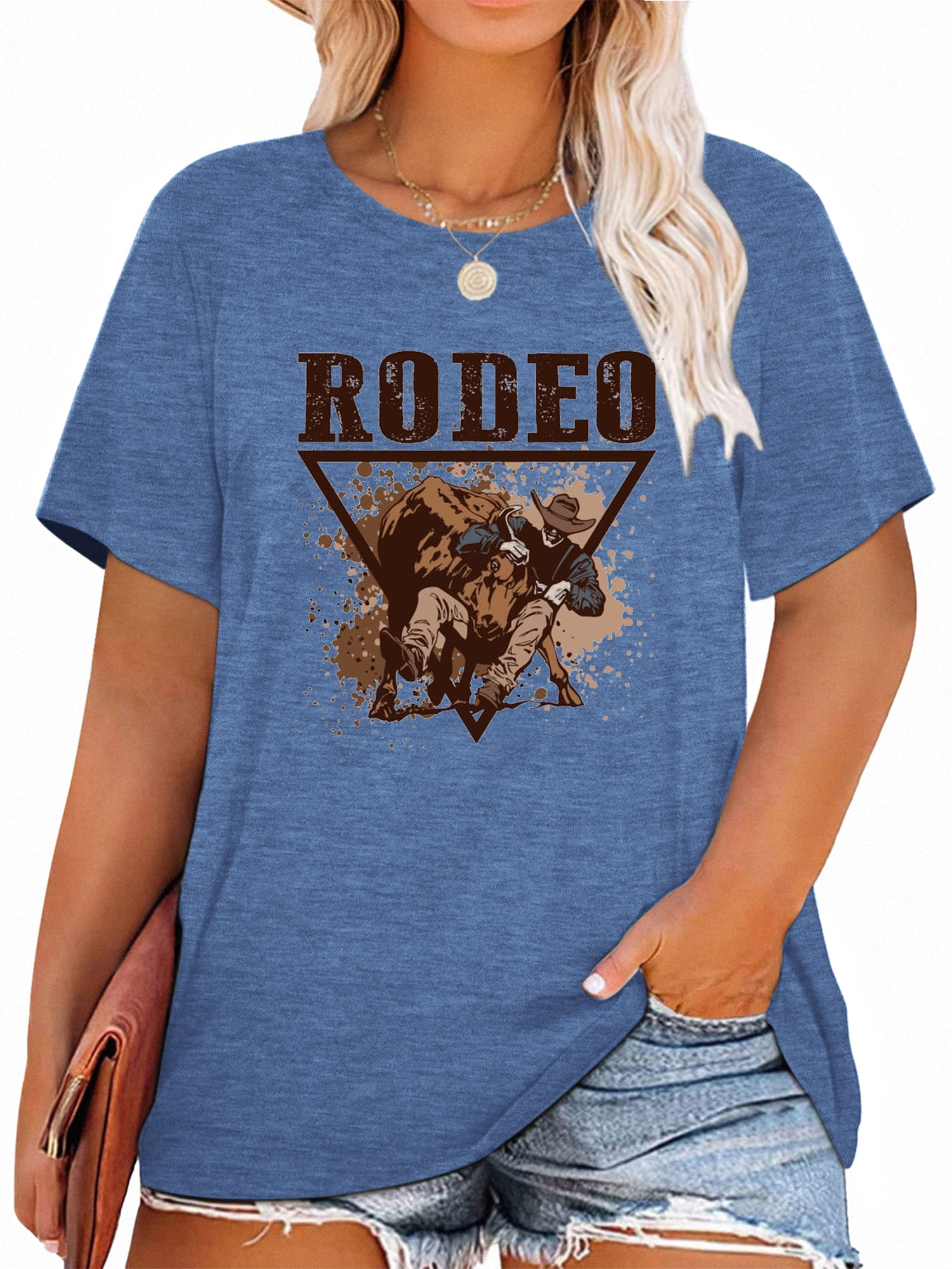 Anbech RODEO Plus Size T-Shirts for Women Graphic Cowboy Print Vintage ...