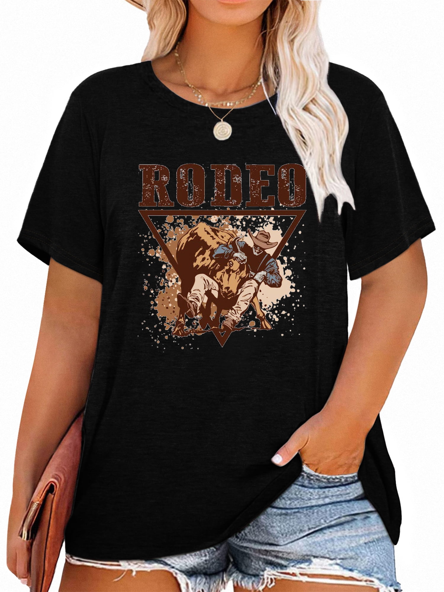 Anbech RODEO Plus Size T-Shirts for Women Graphic Cowboy Print Vintage ...