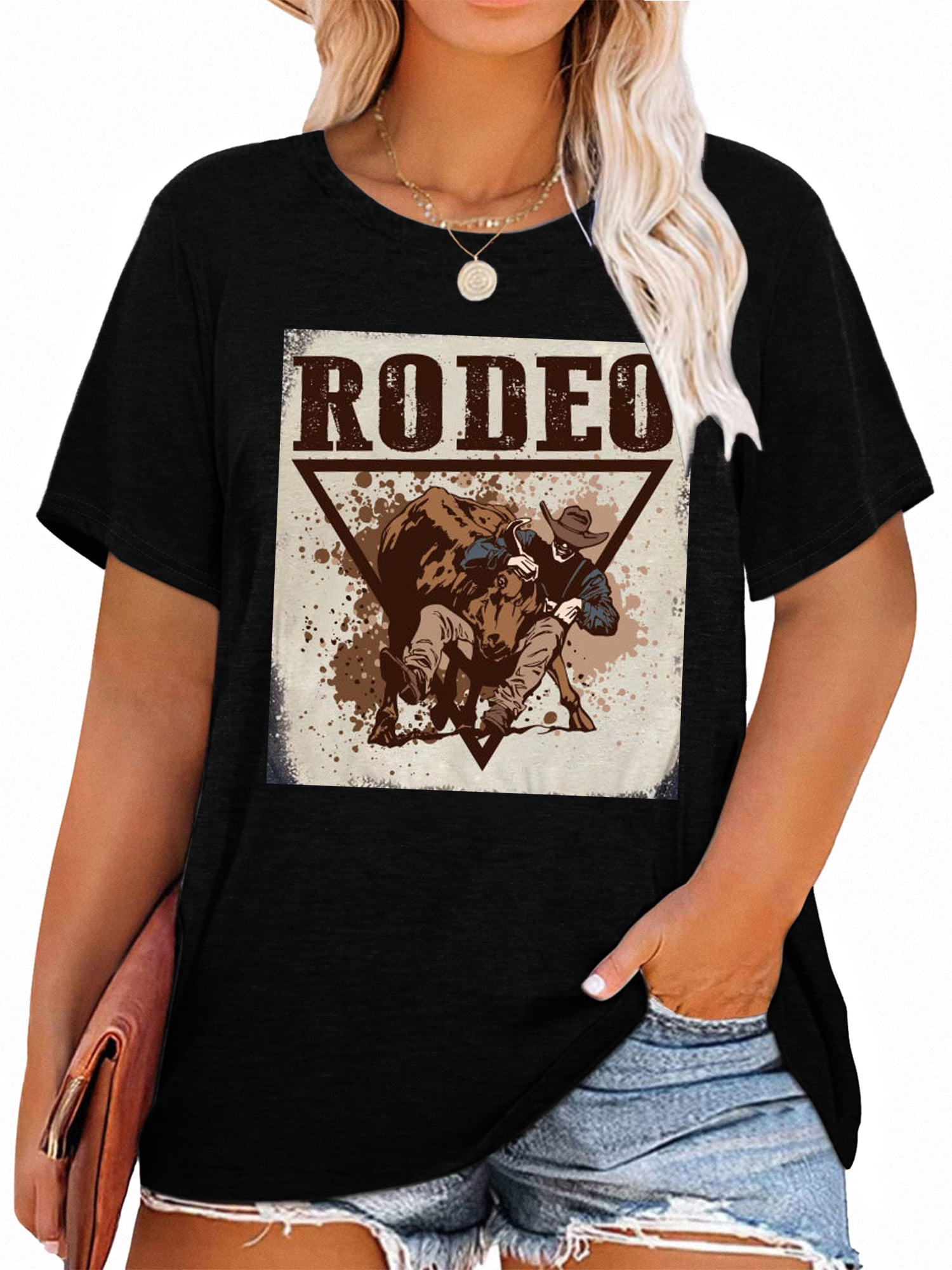 Anbech RODEO Plus Size T-Shirts for Women Graphic Cowboy Print Vintage ...