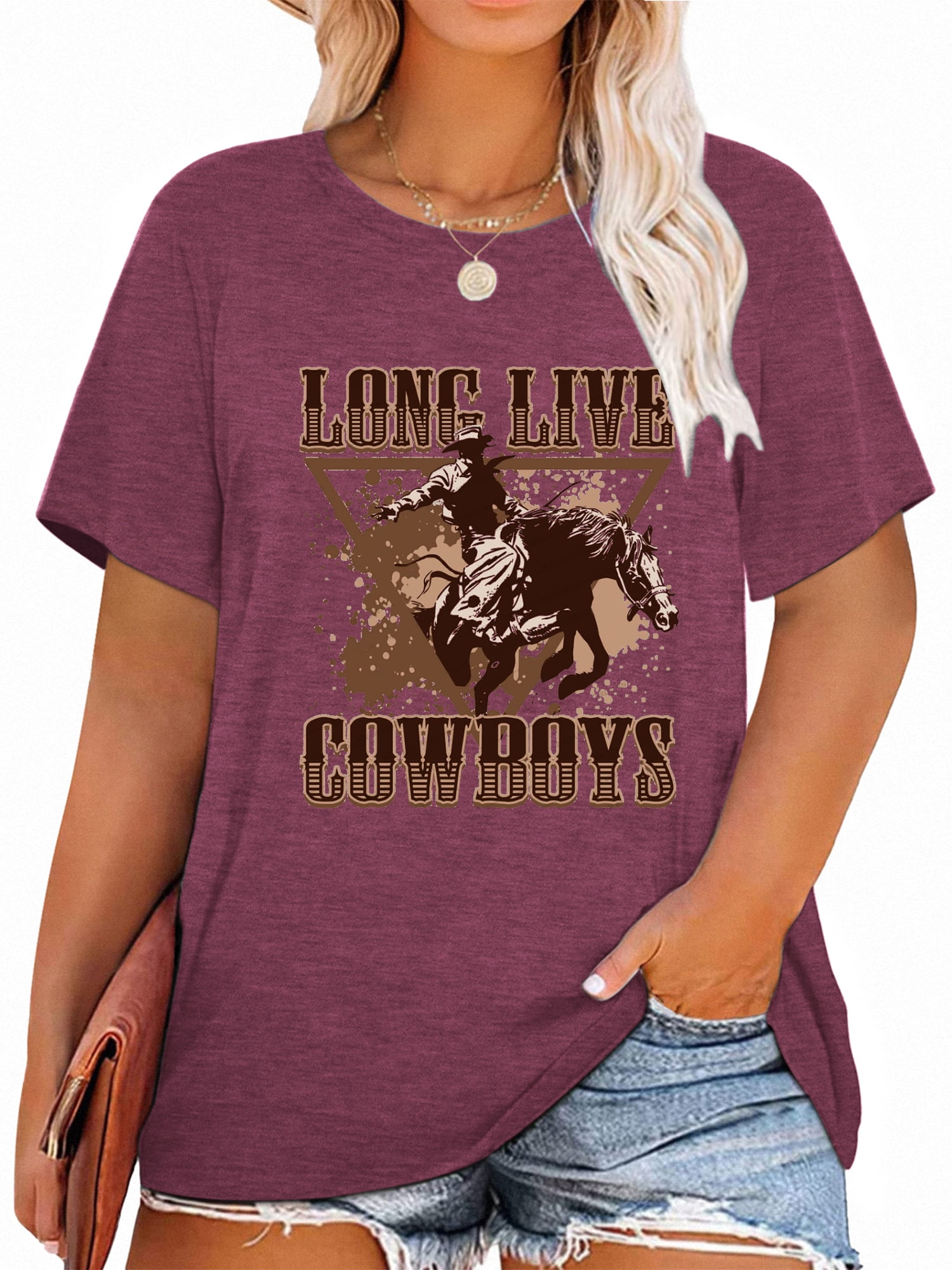Anbech RODEO Plus Size T-Shirts for Women Graphic Long Live Cowboys ...