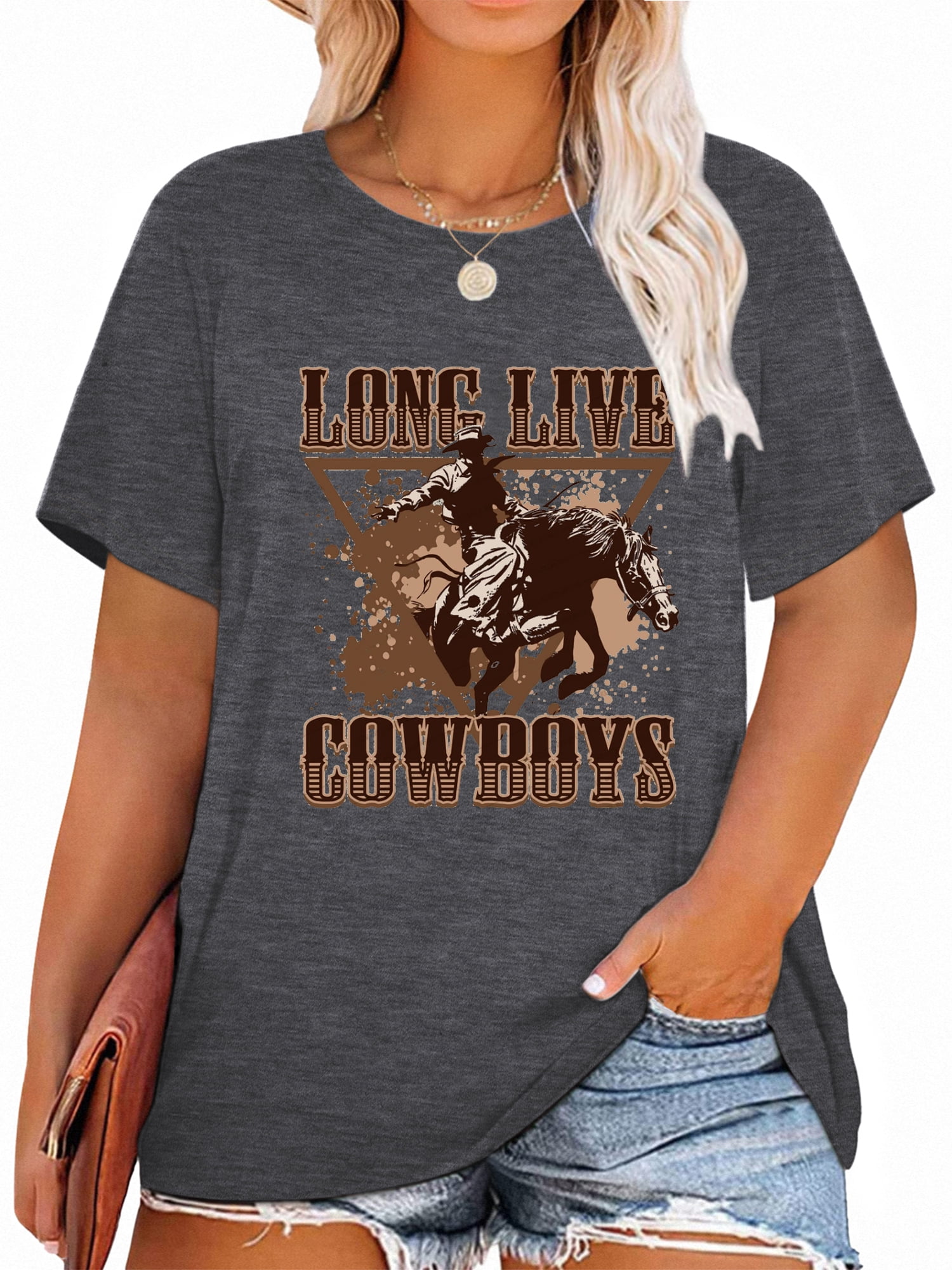 Anbech RODEO Plus Size T-Shirts for Women Graphic Long Live Cowboys ...