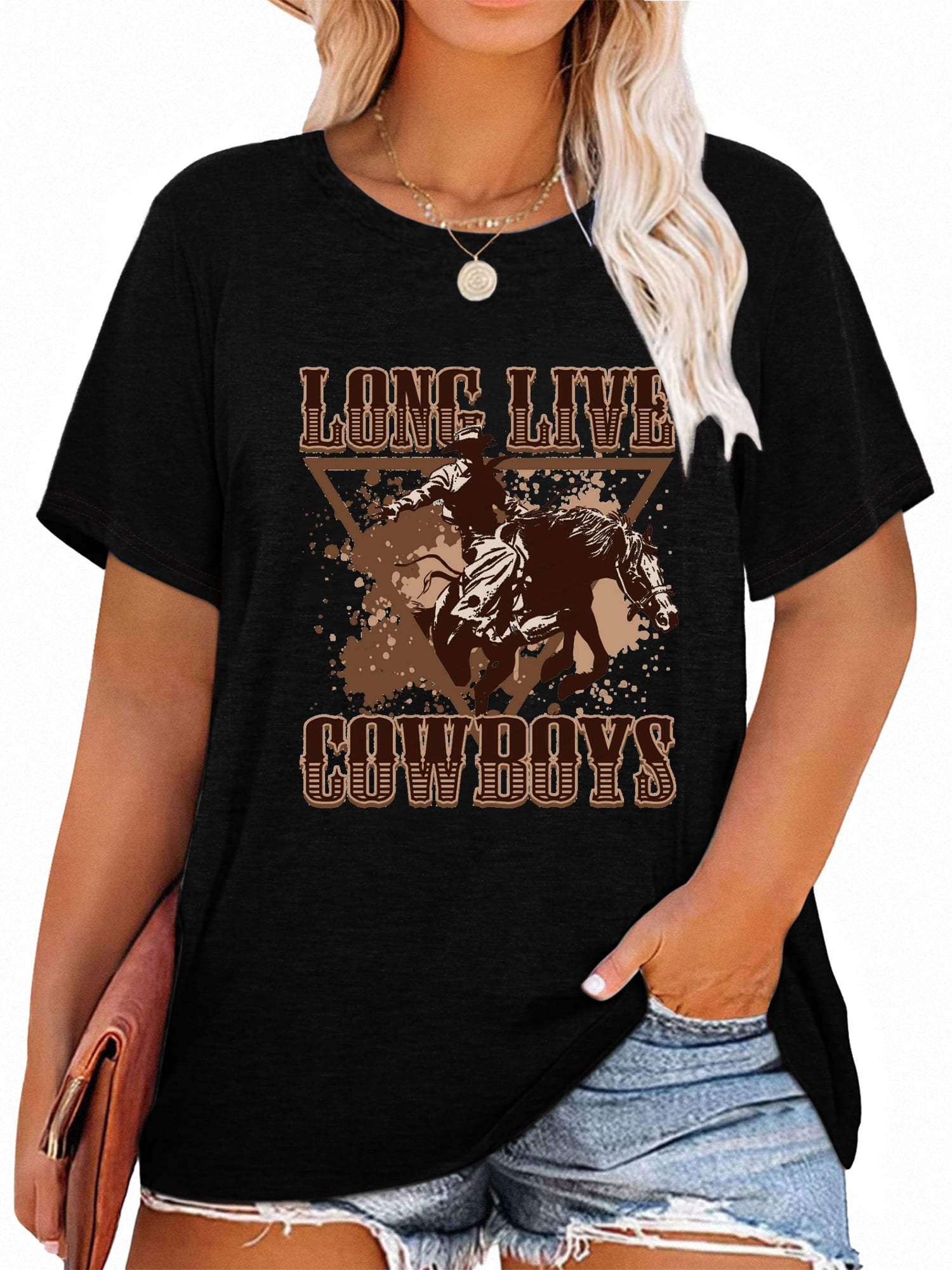 Anbech RODEO Plus Size T-Shirts for Women Graphic Long Live Cowboys ...