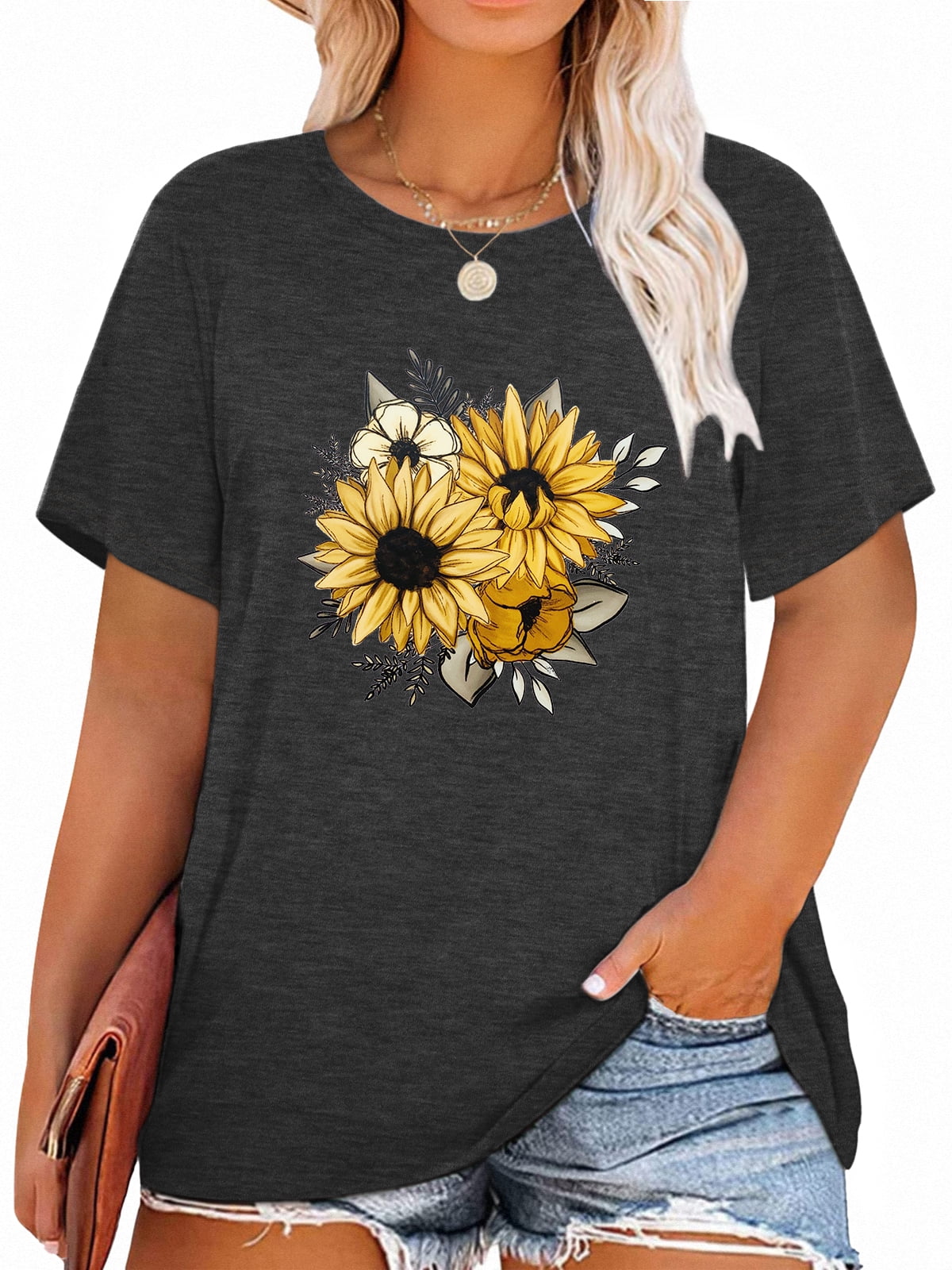 Anbech Sunflower Plus Size T-Shirts for Women Graphic Sunflowers Print ...
