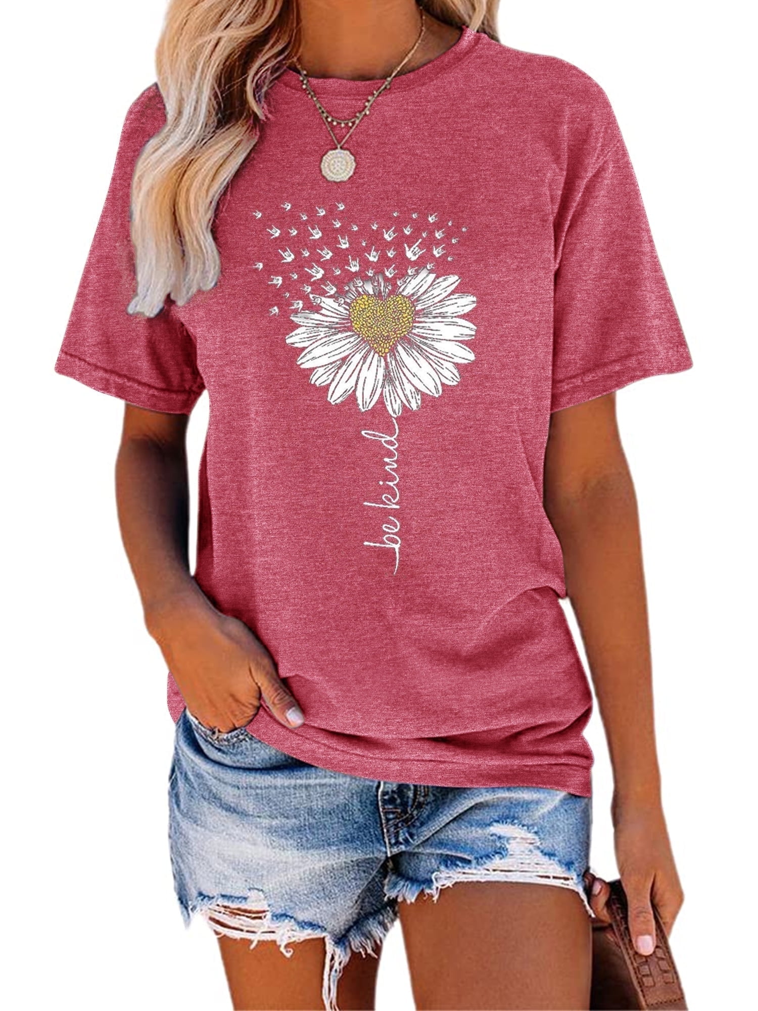 Anbech Women's Sunflower Graphic Tee, Short Sleeve Summer Top, Cotton ...