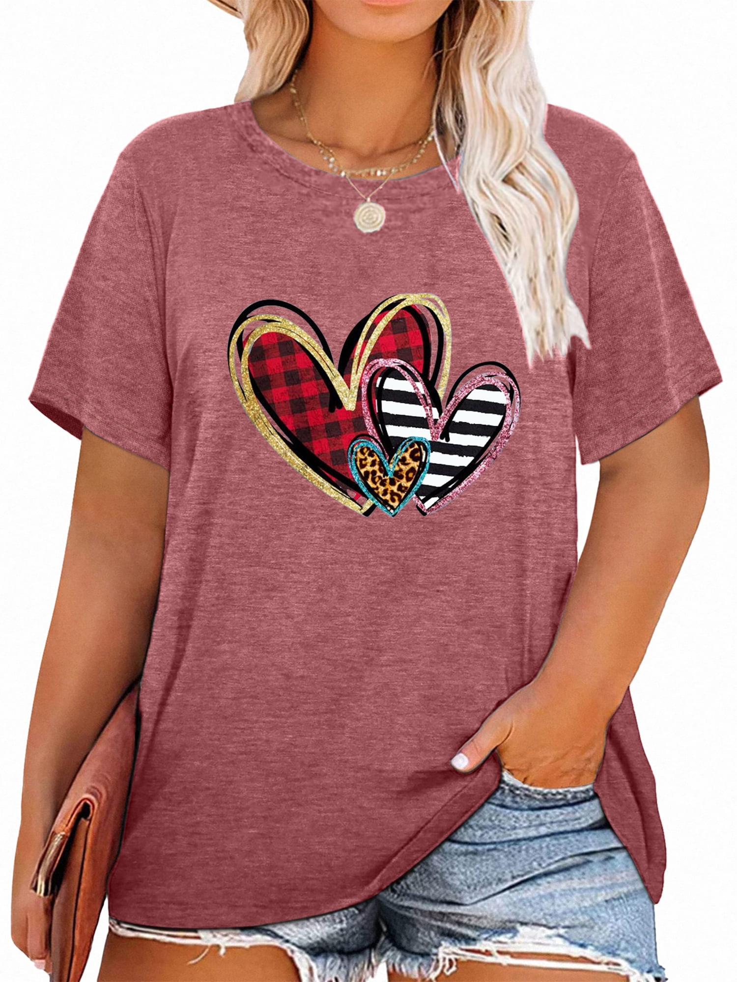 Anbech Valentine's Day Plus Size T-Shirts for Women Graphic Plaid ...