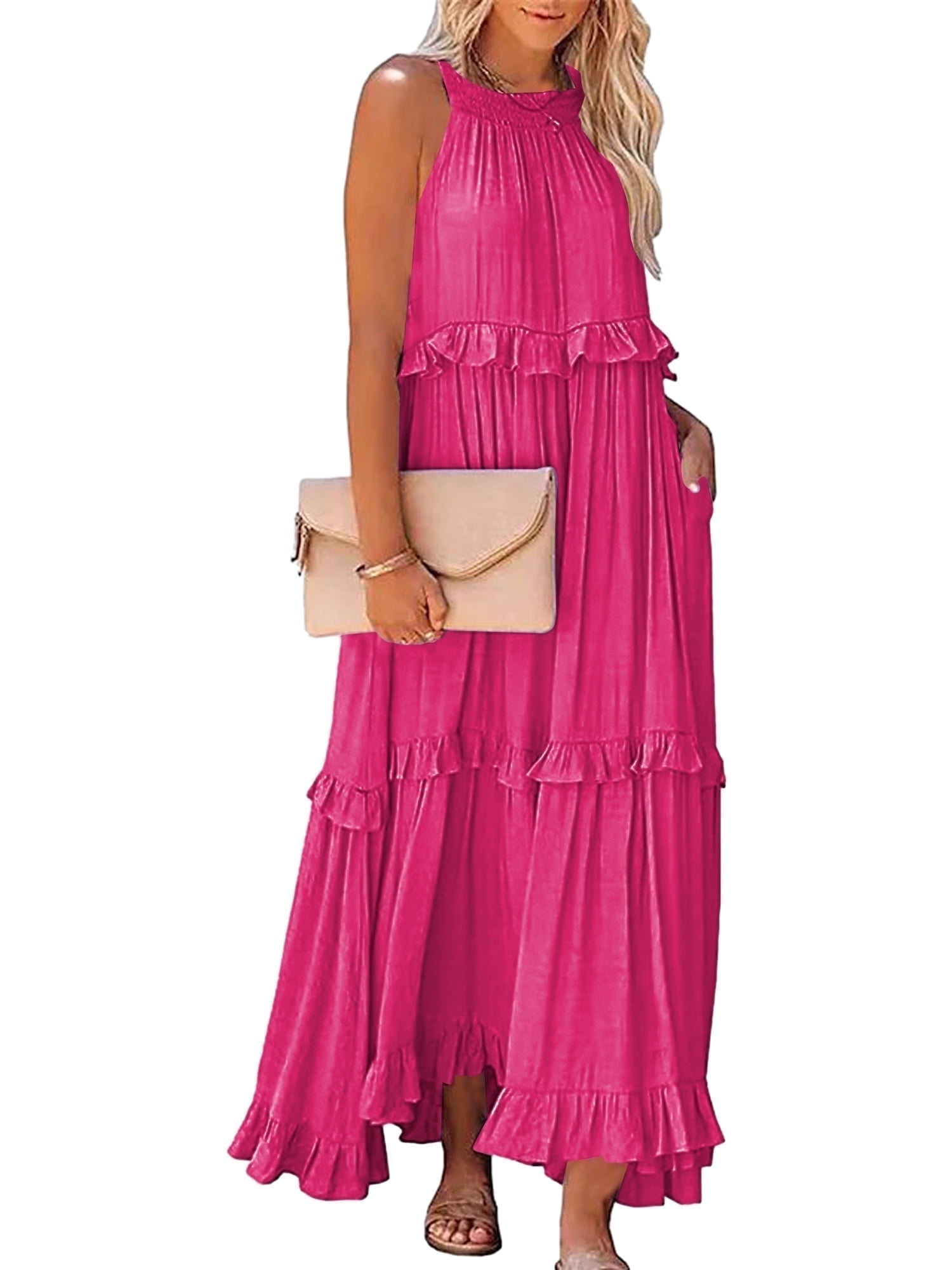 Anbech Women 2024 Ruffled Pleated Dress Flowy Long Sundress Sleeveless ...