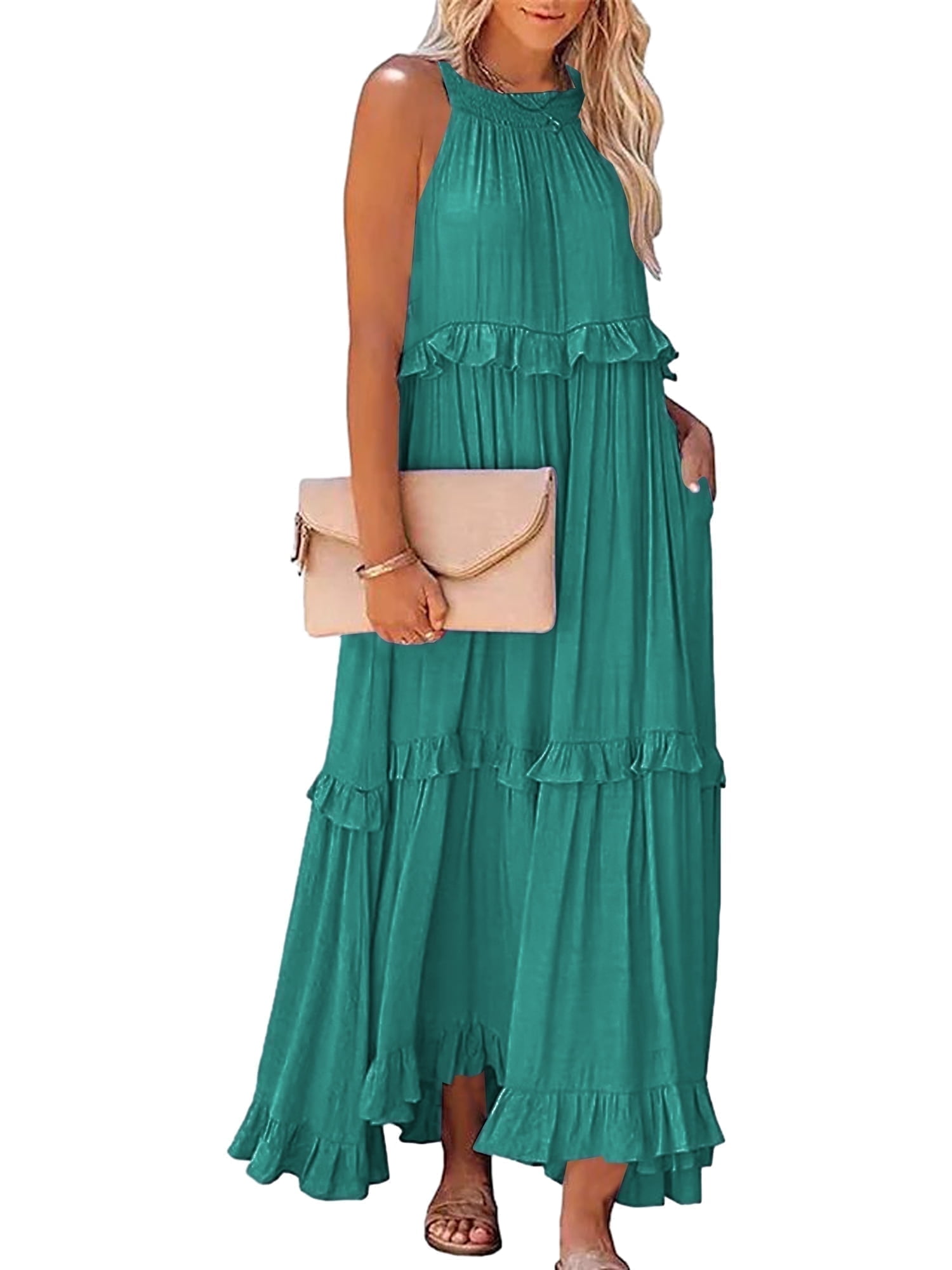 Anbech Women 2024 Ruffled Pleated Dress Flowy Long Sundress Sleeveless ...