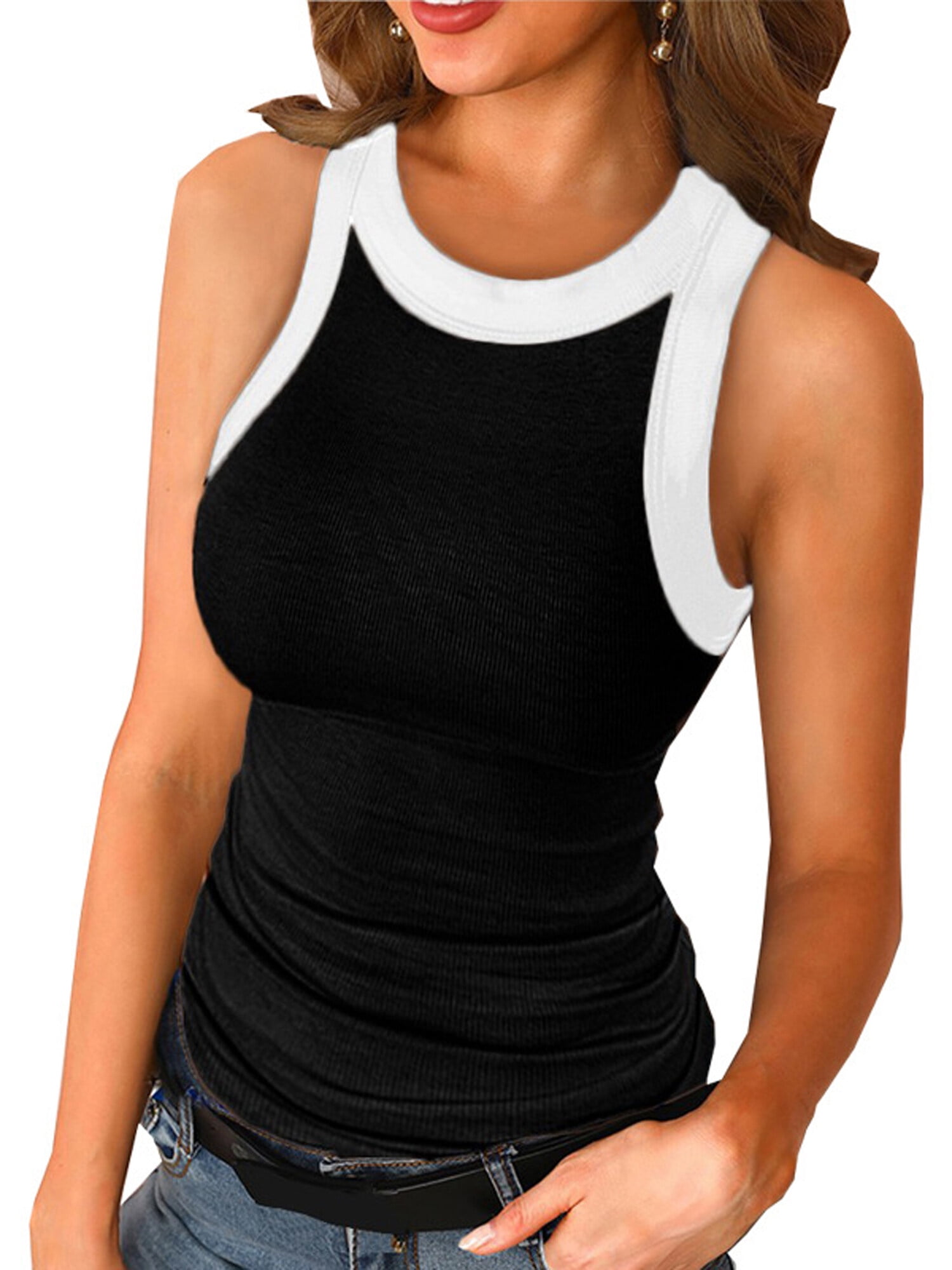 Anbech Women Basic Cami Tank Tops Summer Solid Color Sleeveless Shirt ...